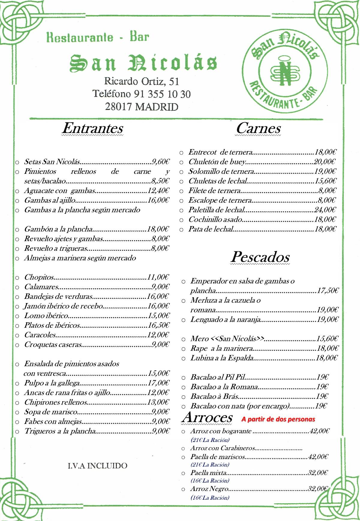 Carta de Restaurante San Nicolás Arrocería, Madrid, Calle Ricardo Ortiz