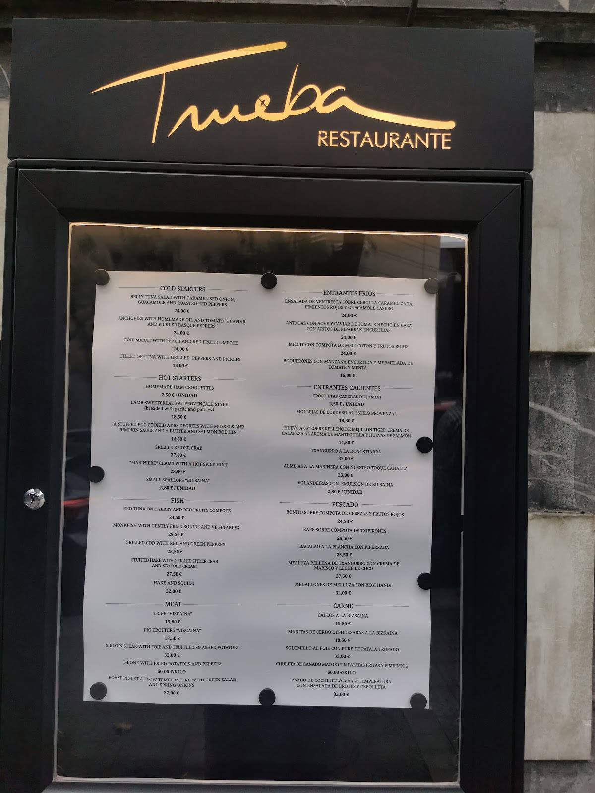 Carta de Restaurante Trueba, Bilbao