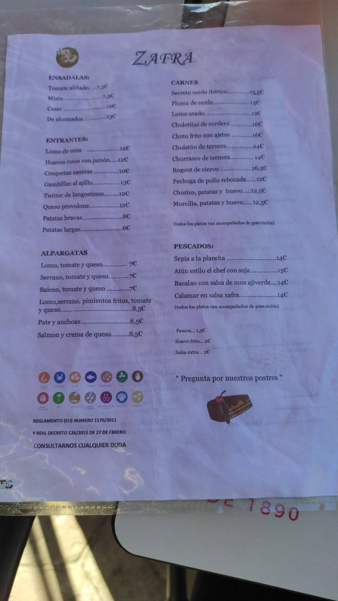 Carta de Restaurante Zafra, Badajoz