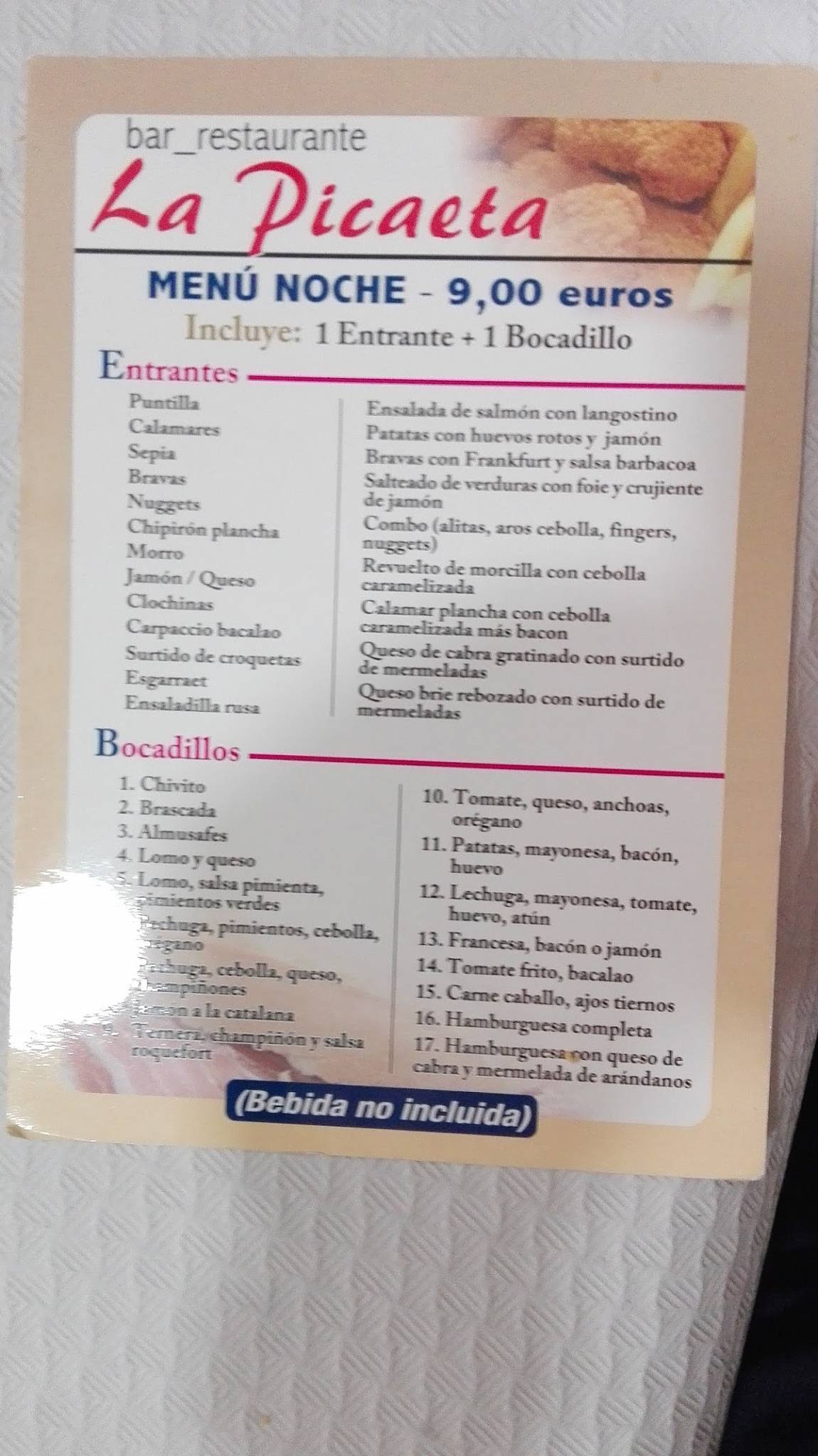 Carta de Restaurante La Picaeta, Monserrat