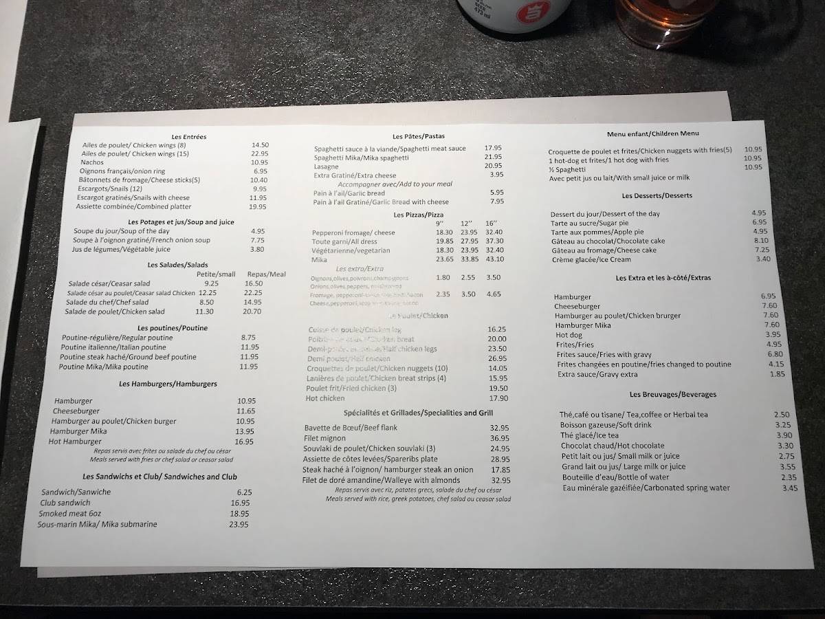 Menu au Resto Chez Mika restaurant, Canada
