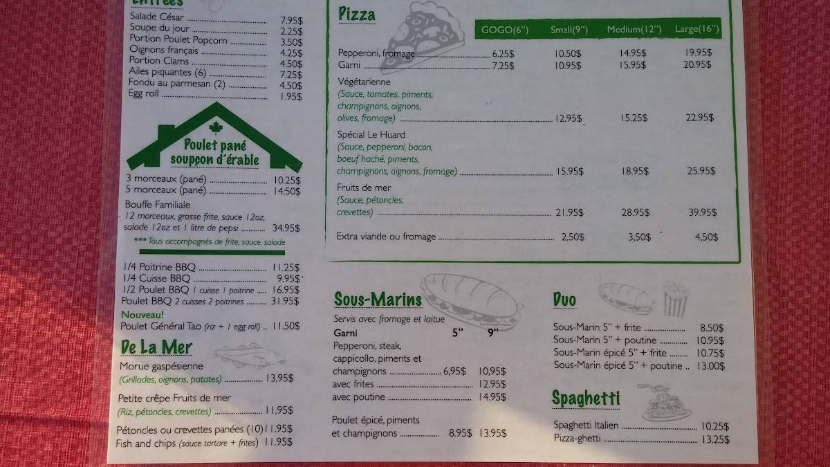 Menu au Resto Le Huard restaurant, Chandler