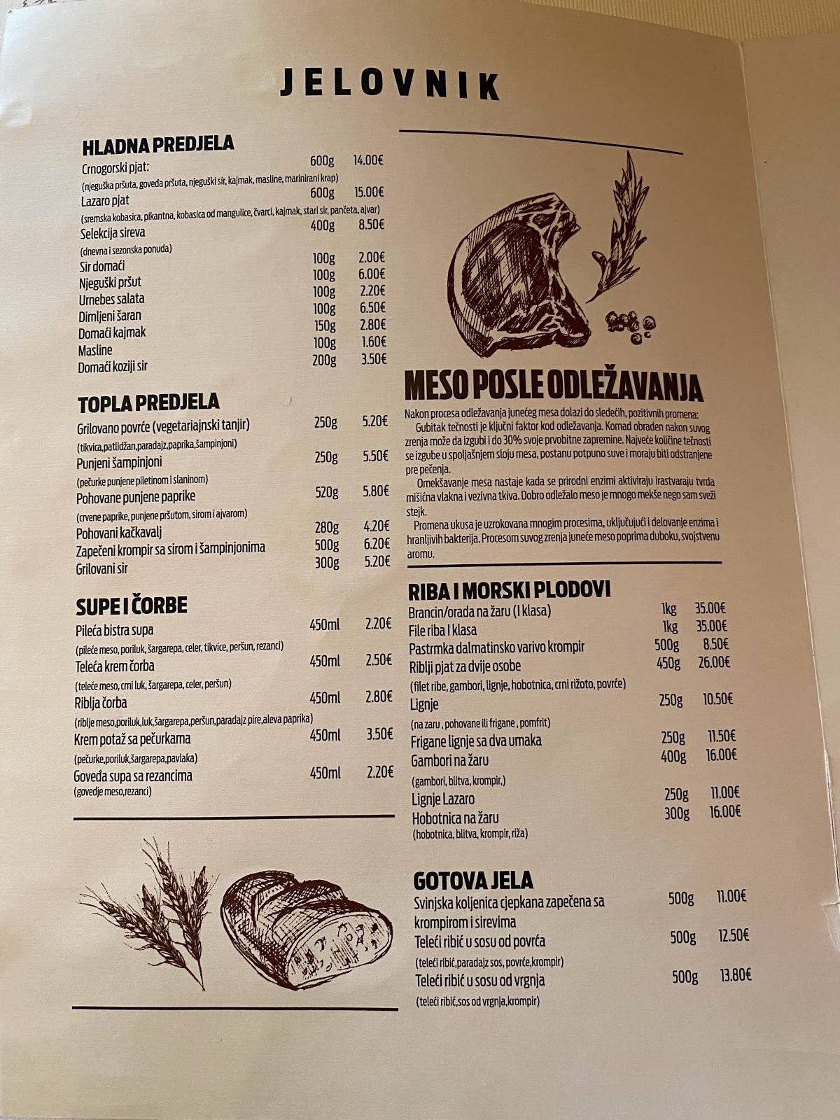 Menu at Restoran Lazaro restaurant, Podgorica