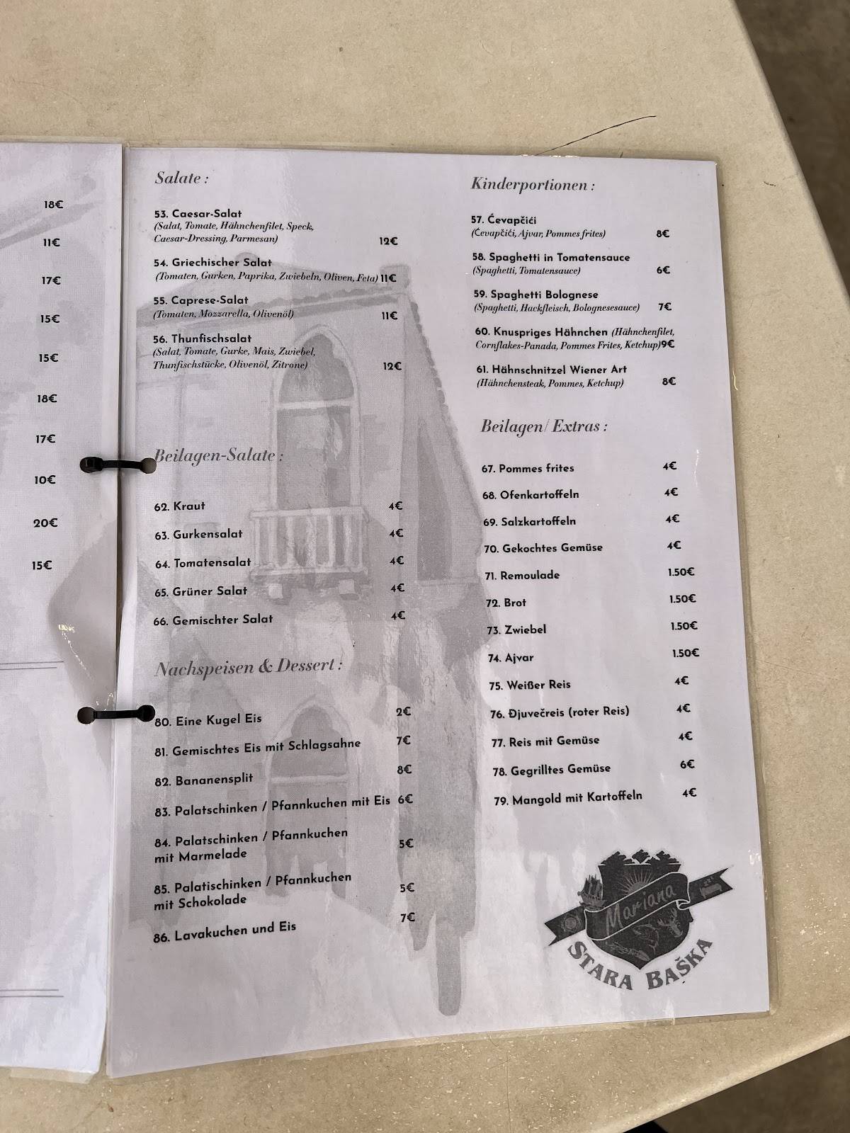 Menu at Restoran "Mariana" restaurant, Stara Baška