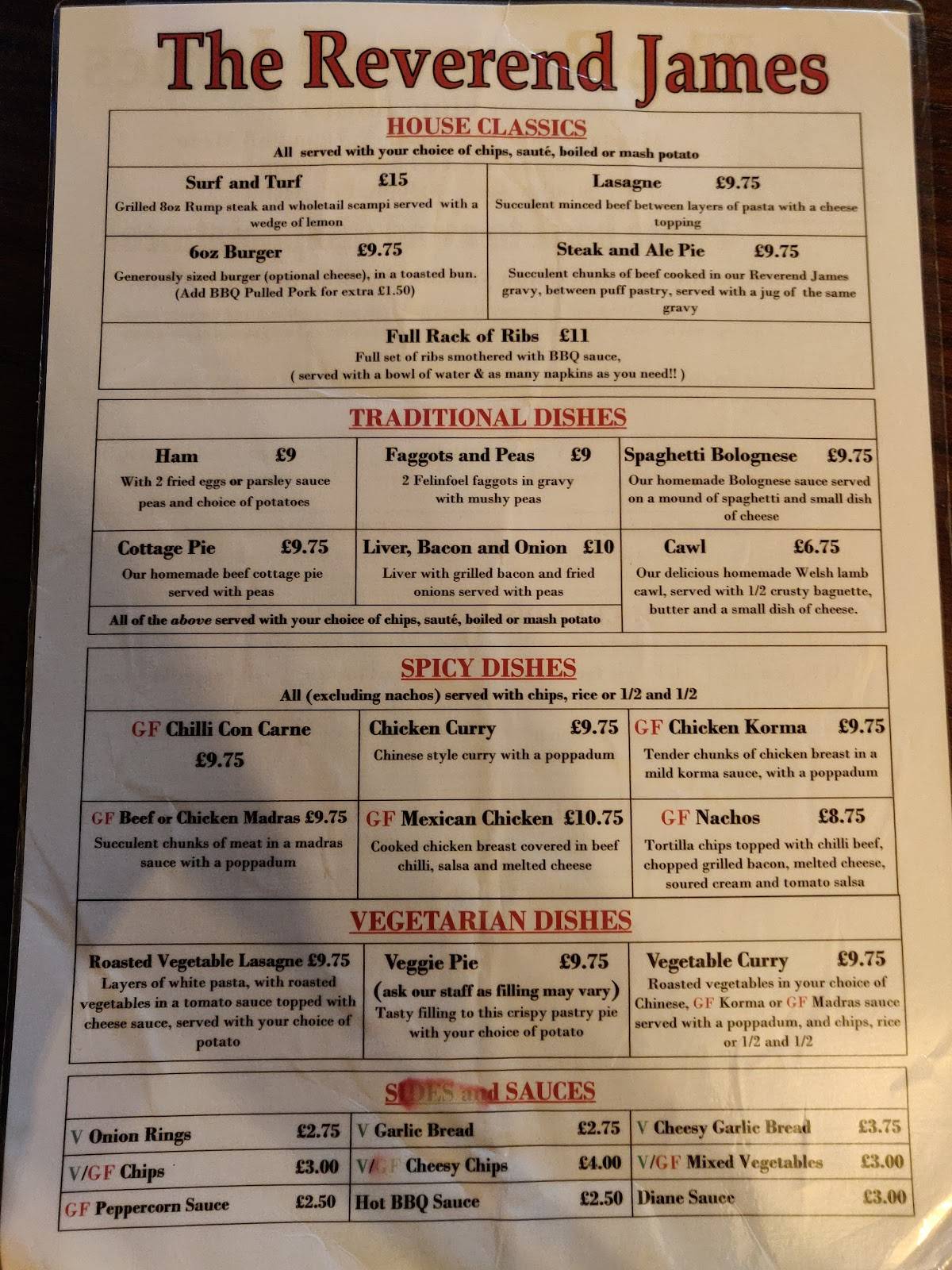 Menu at Reverend James pub & bar, Bynea