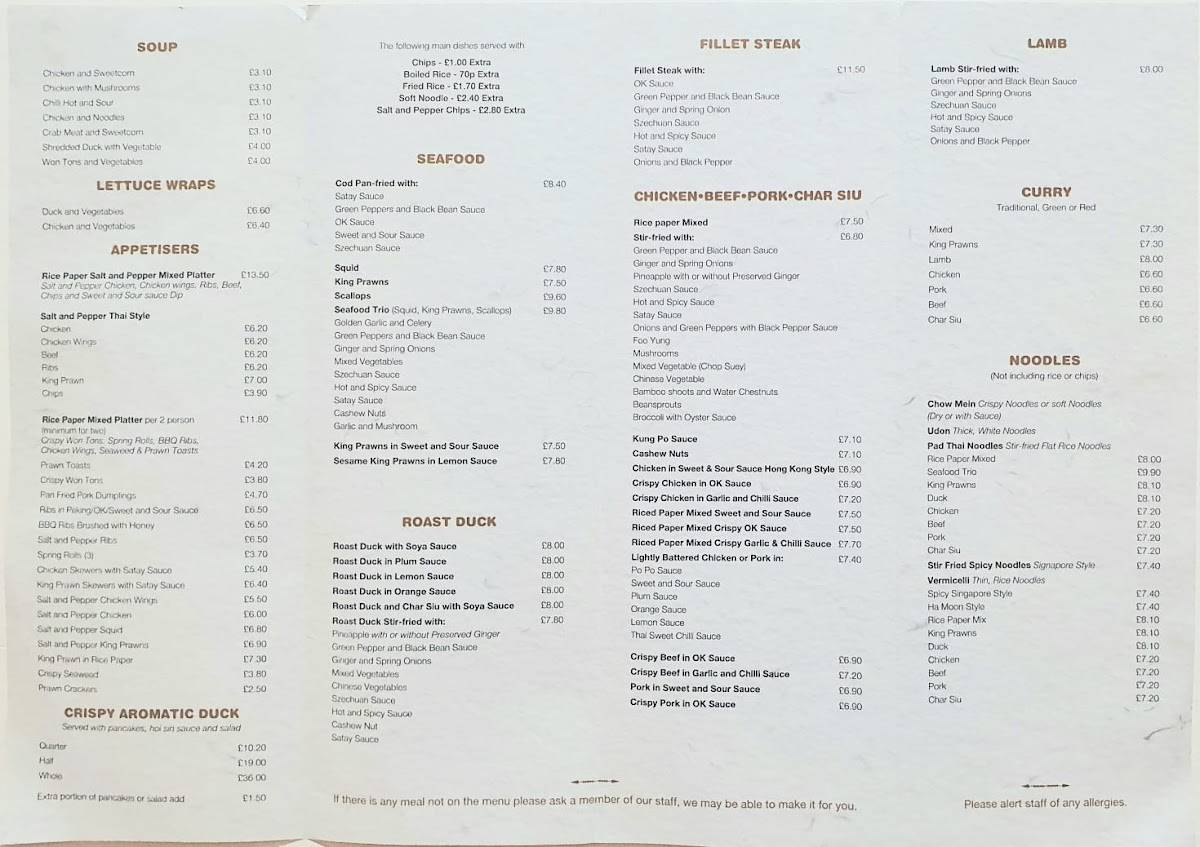 Menu at Rice Paper Cantonese Restaurants & Takeaway, Leeds
