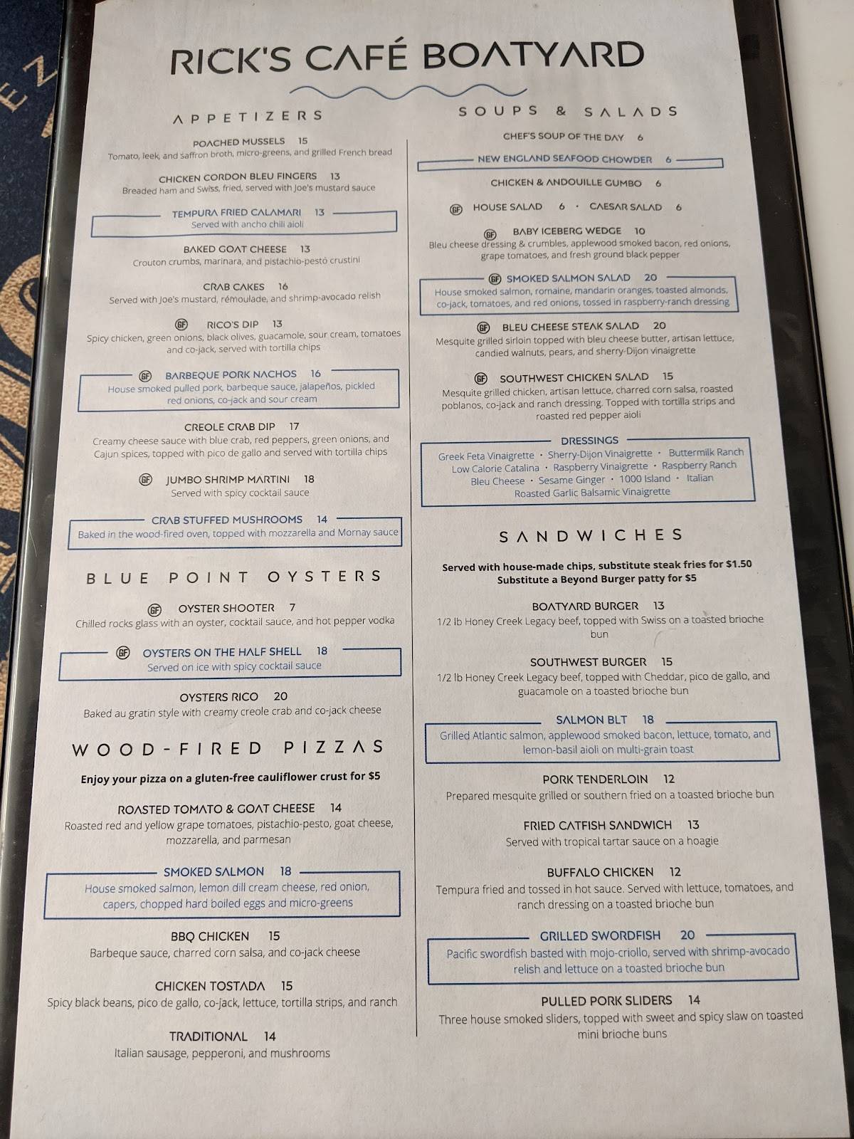 Menu at Rick's Café Boatyard pub & bar, Indianapolis