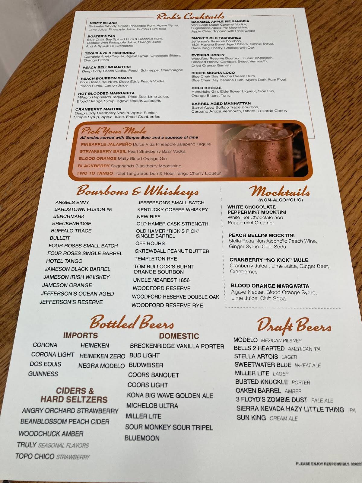 Menu at Rick's Café Boatyard pub & bar, Indianapolis