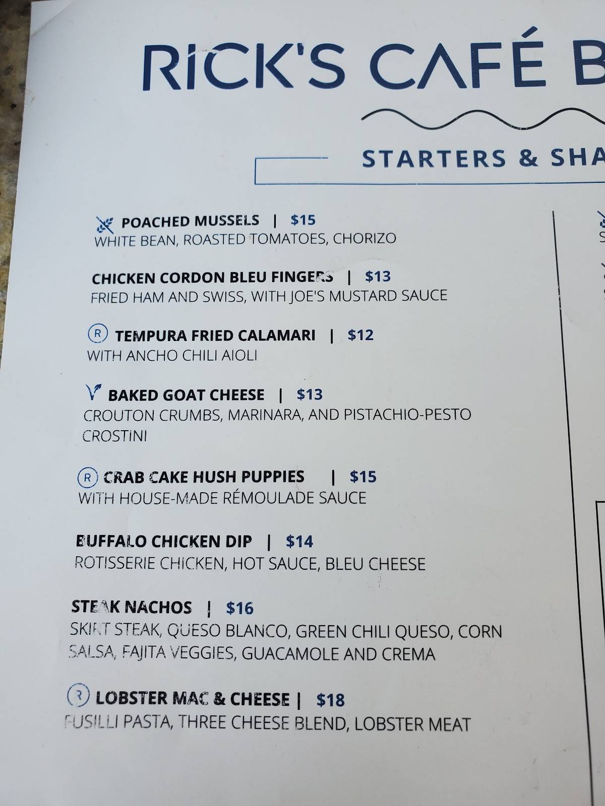 Menu at Rick's Café Boatyard pub & bar, Indianapolis