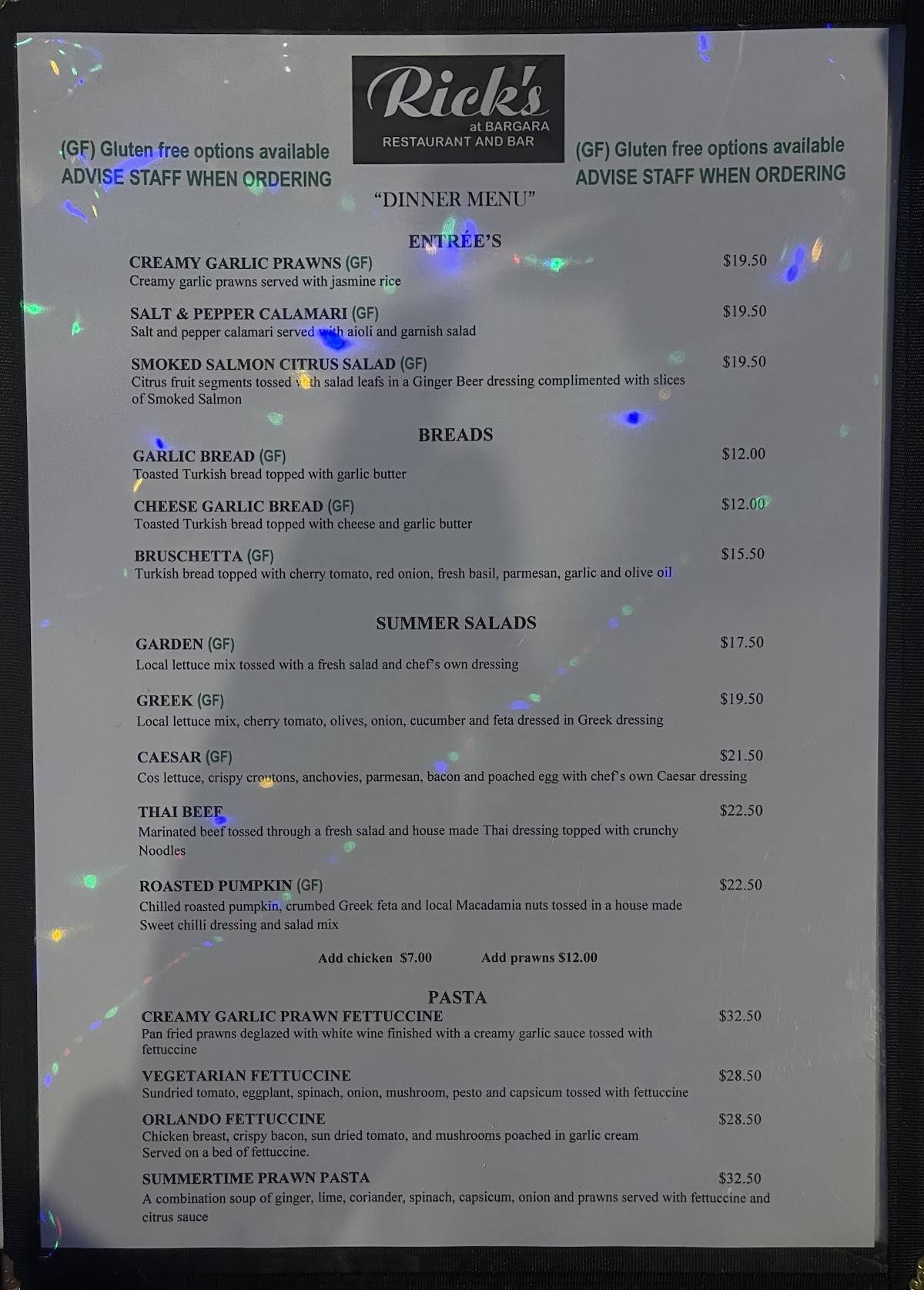 Menu at Ricks at Bargara, Bargara