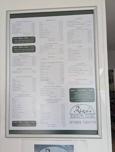 Menu at Rigo's Bistro cafe, Dumbarton