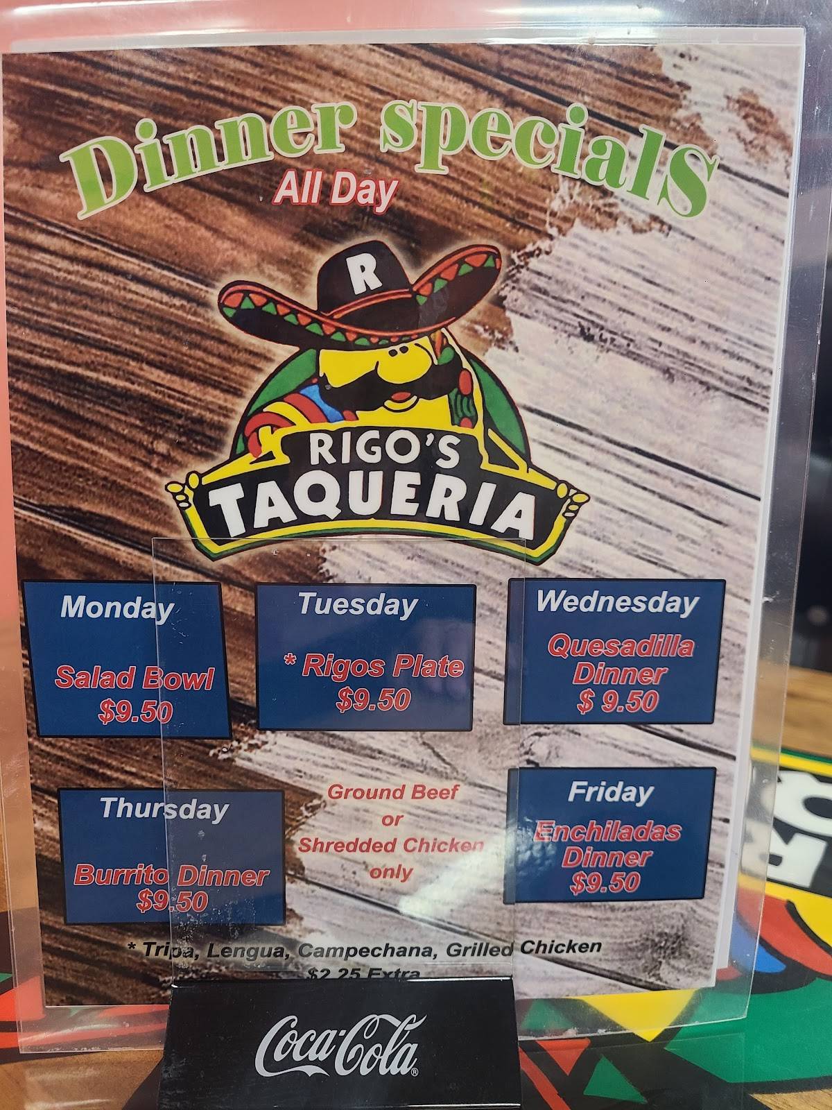 Menu at Rigo’s Taqueria restaurant, Fort Wayne