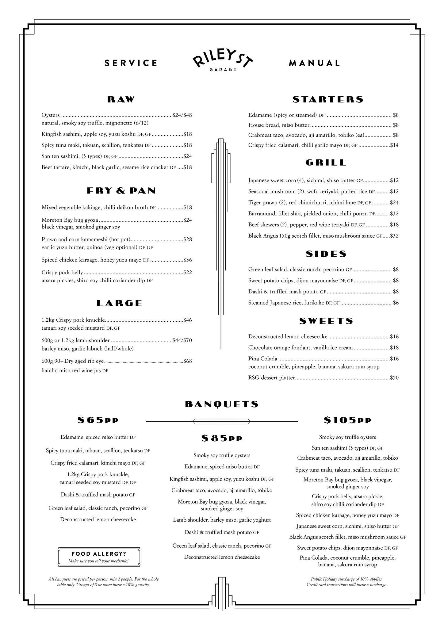 Menu at Riley St Garage restaurant, Woolloomooloo