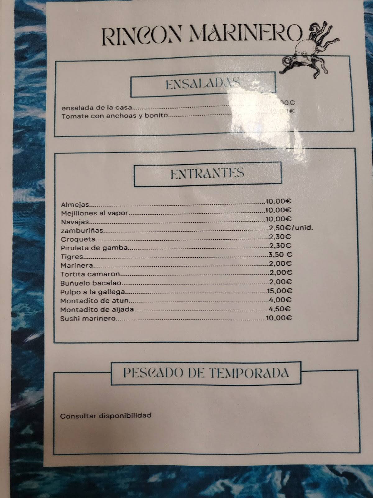 Carta del restaurante Rincón Marinero, Águilas
