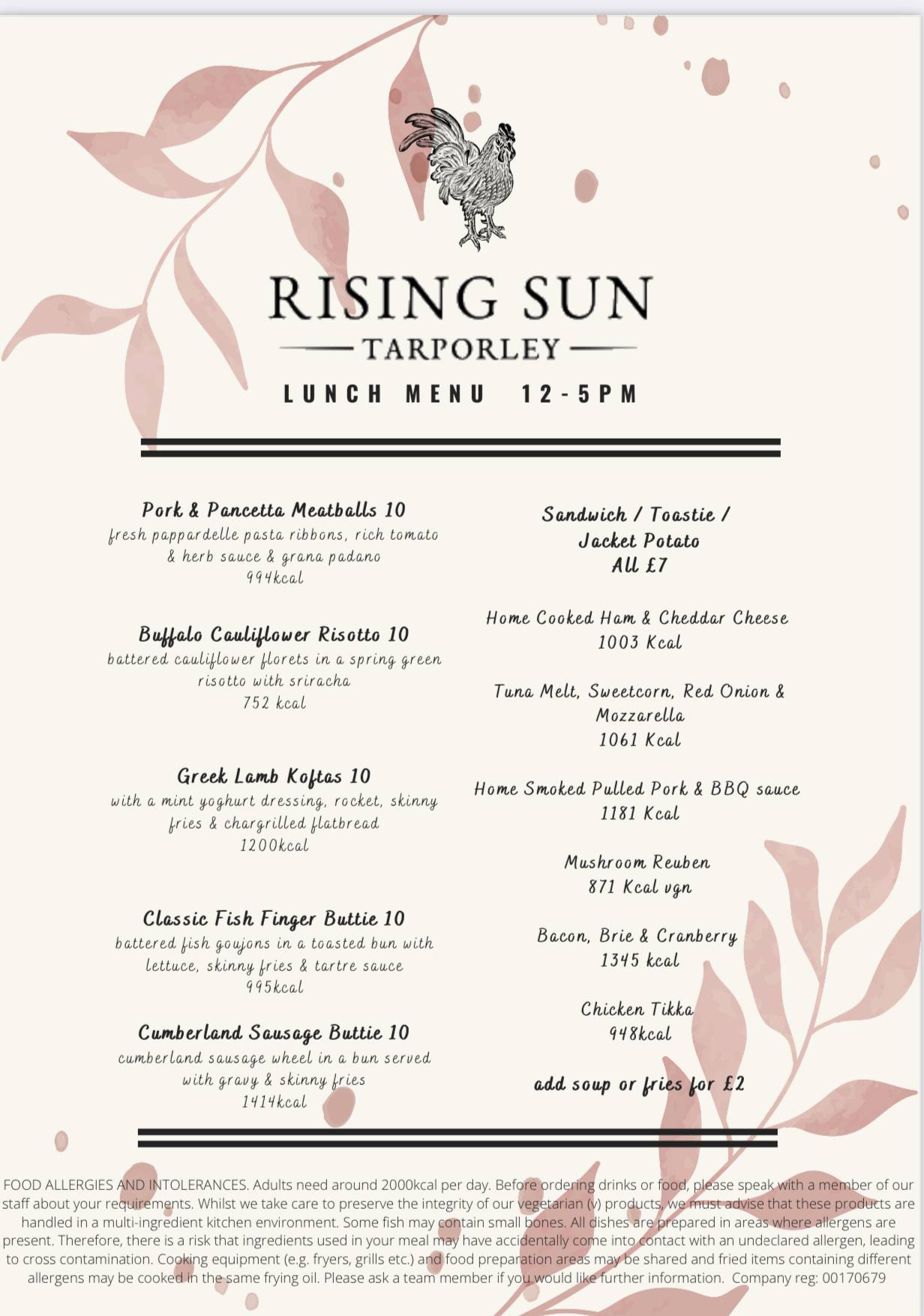 Menu at Rising Sun, Tarporley pub & bar, Tarporley