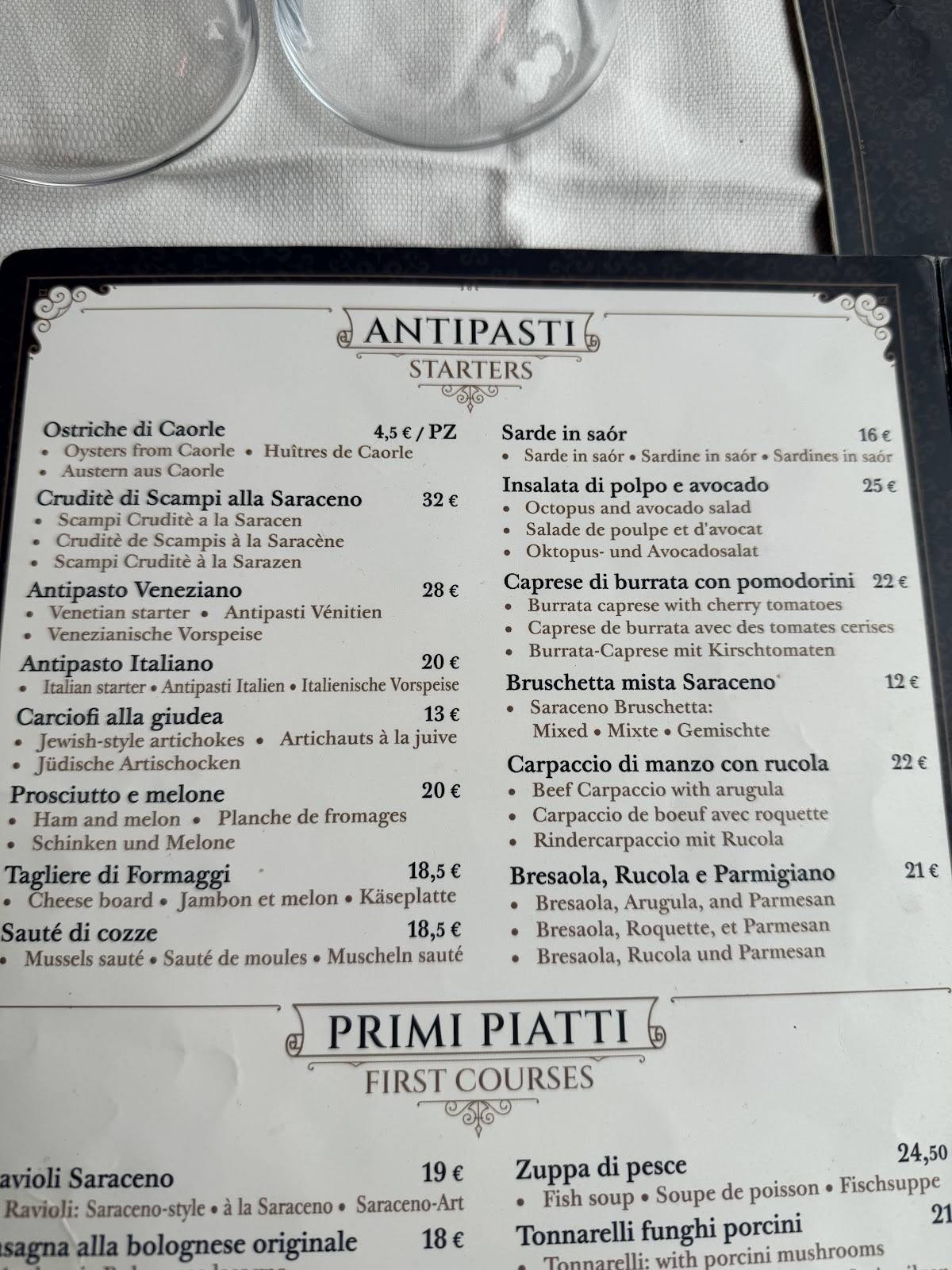 Menu at Ristorante Caffè Saraceno, Venice