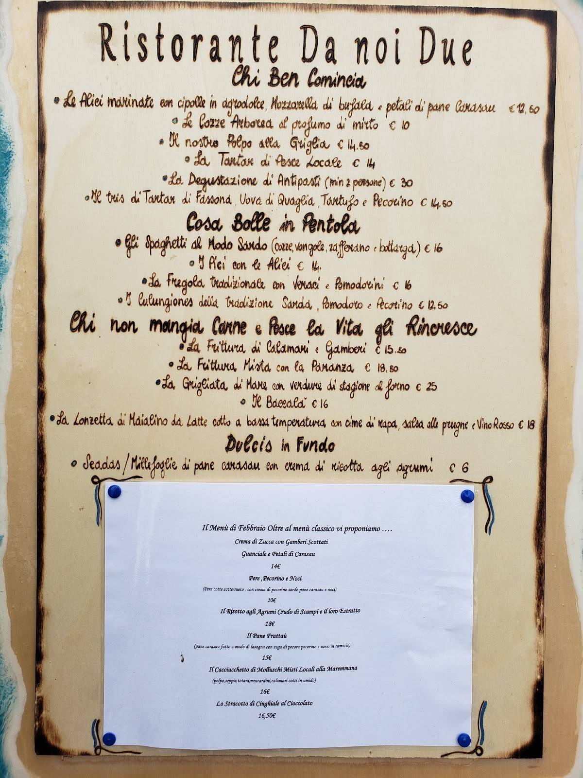 Menu da Ristorante Da Noi Due, Castiglione della Pescaia, Via della Fonte