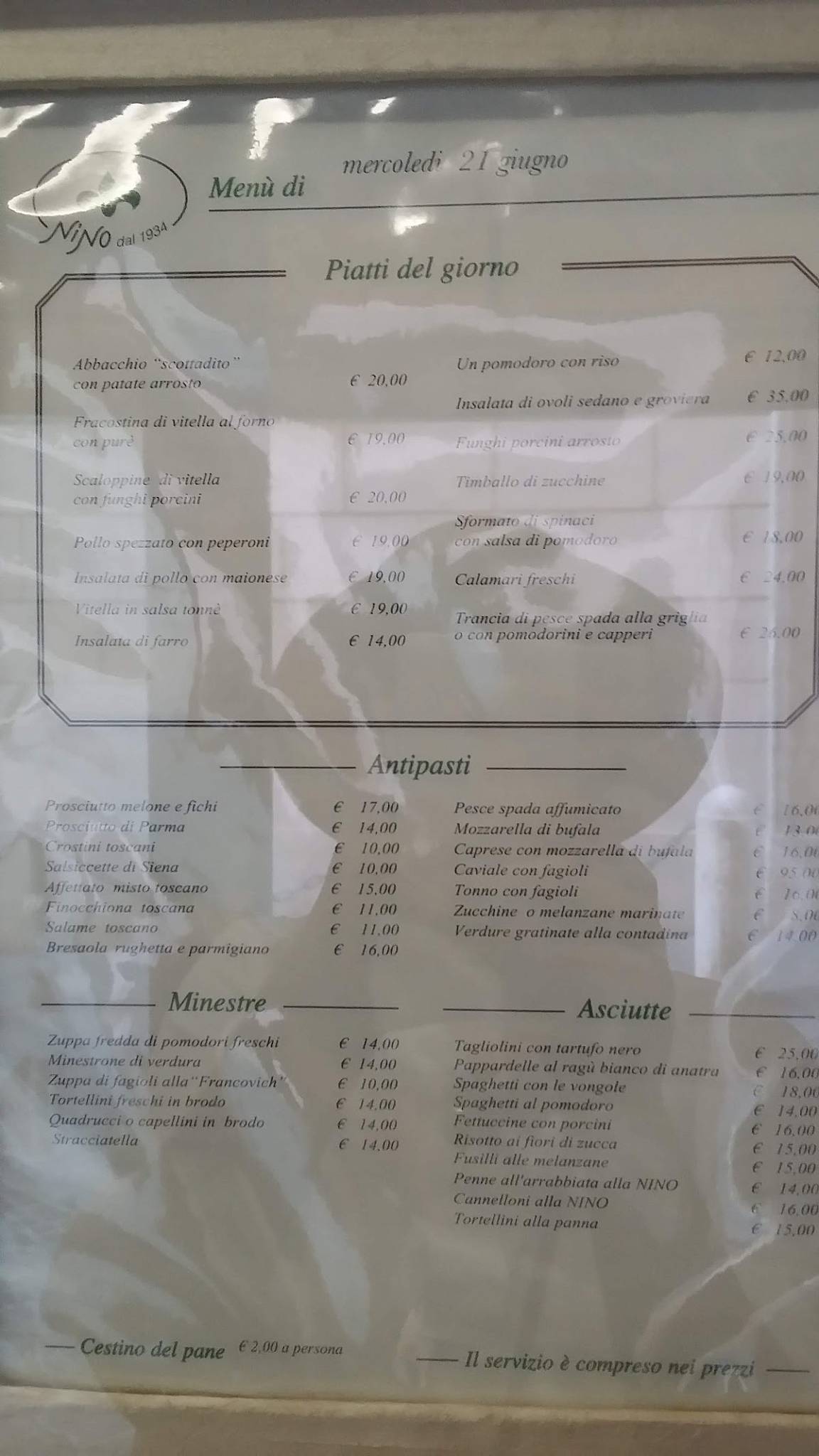 Menu at Ristorante Nino, Rome, Via Borgognona
