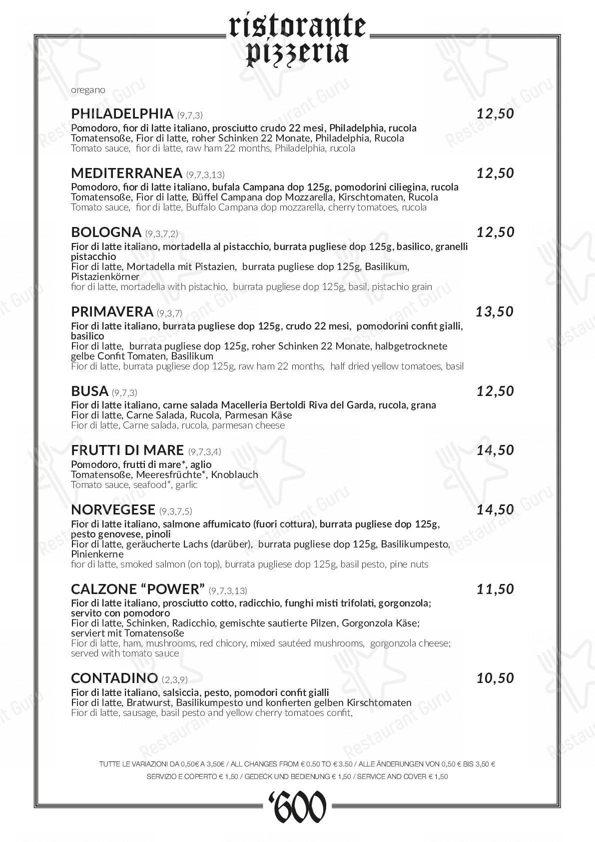 Menu da Ristorante Pizzeria 600, Nago-torbole