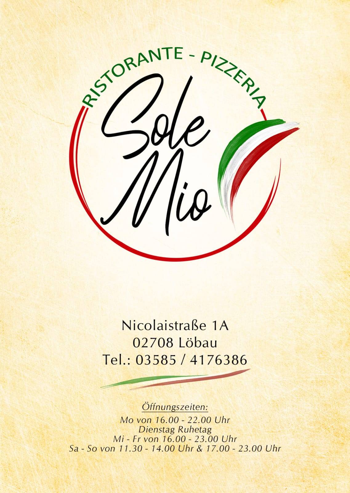 Speisekarte von Ristorante "Sole-Mio" restaurant, Löbau, Nicolaistraße 1a