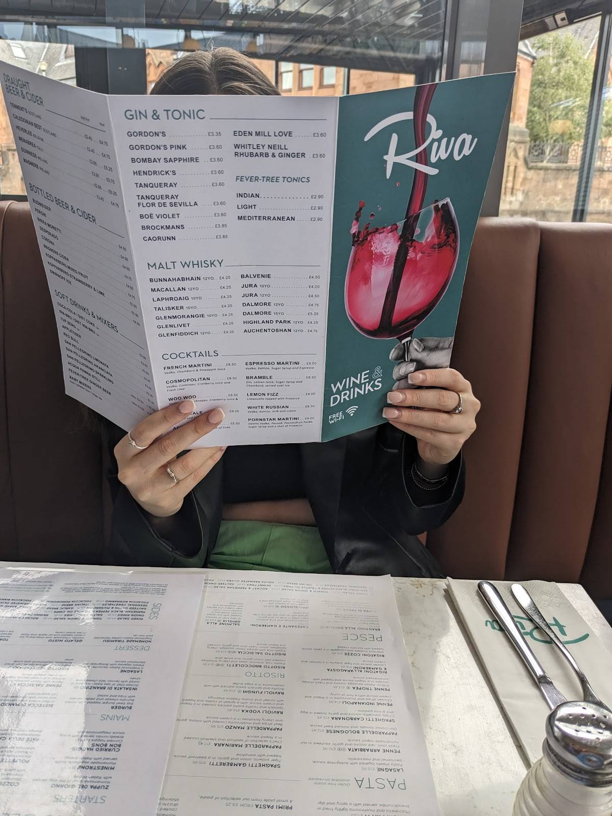 Menu at Riva restaurant, Glasgow