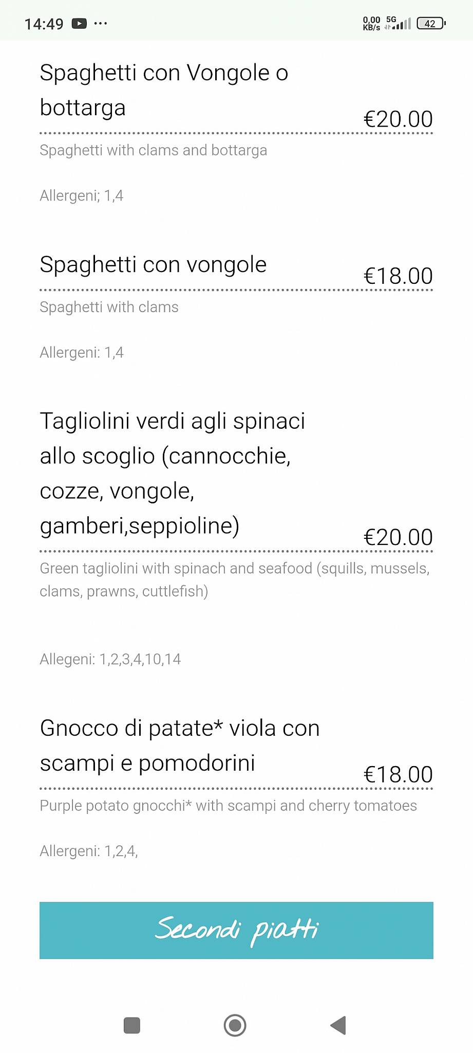 Menu da Riva Nord ristorante, Torre Grande
