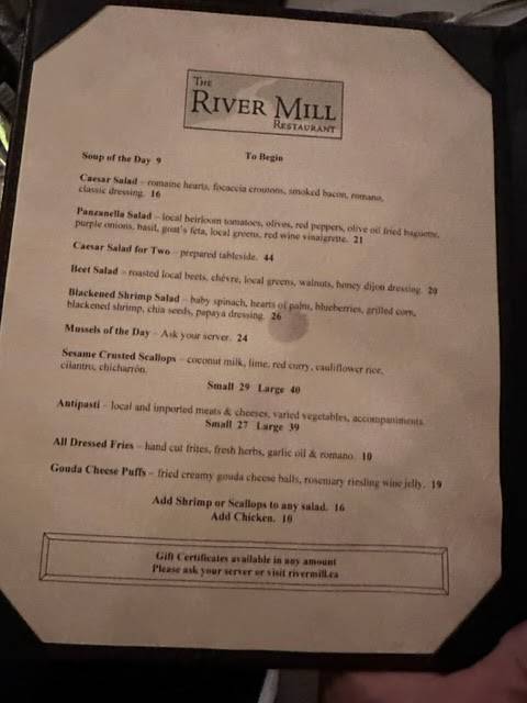 Menu at River Mill Restaurant, Kingston, 2 Cataraqui St
