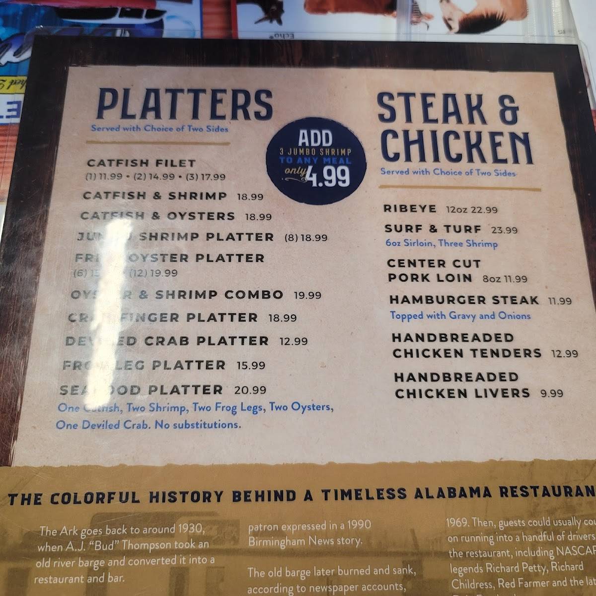 Menu at The Ark restaurant, Riverside, US-78