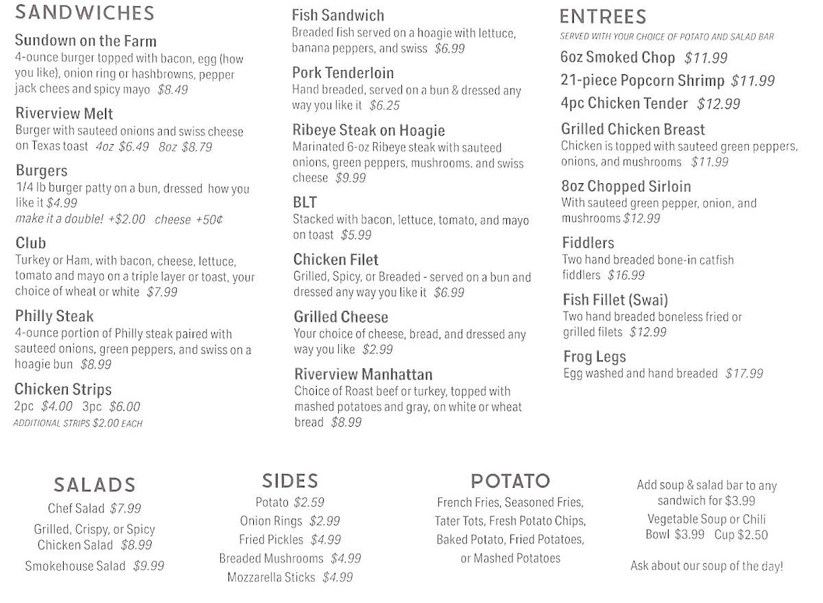 Menu at Riverview Restaurant, Hawesville, Indian Lake Dr