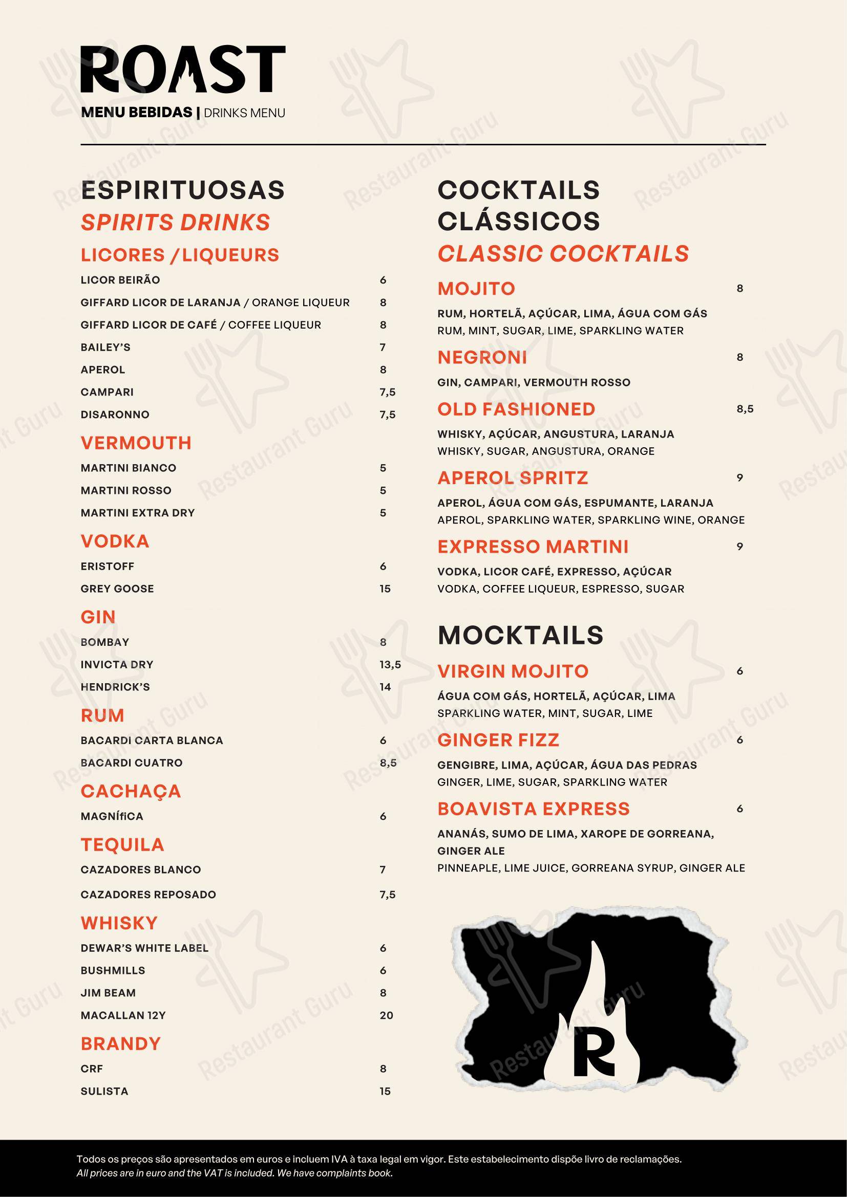 Menu em Roast restaurante, Porto