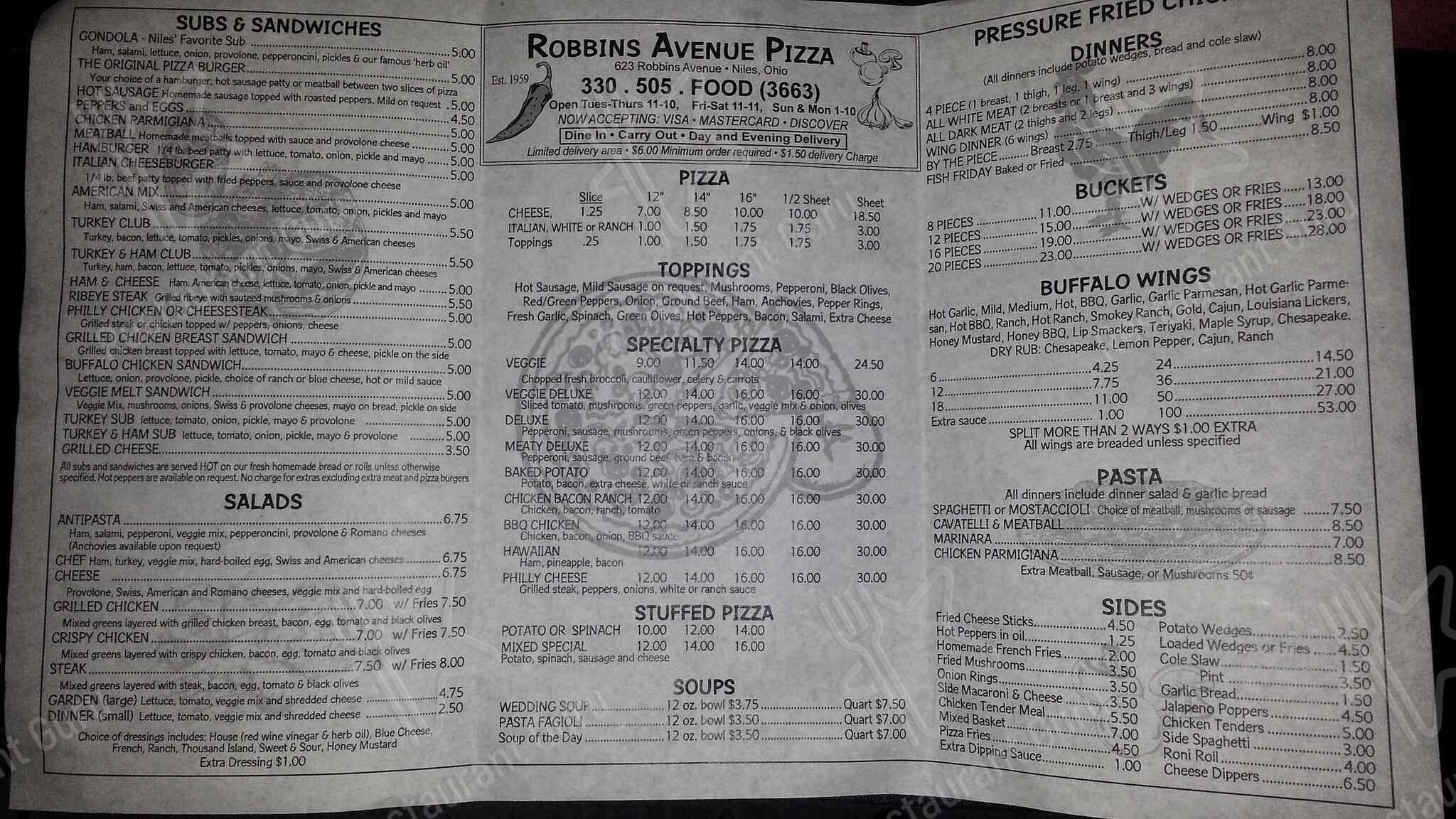 Menu at Robbins Pizza pizzeria, Niles
