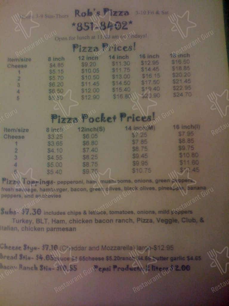 Menu at Rob's Pizza pizzeria, Stockbridge