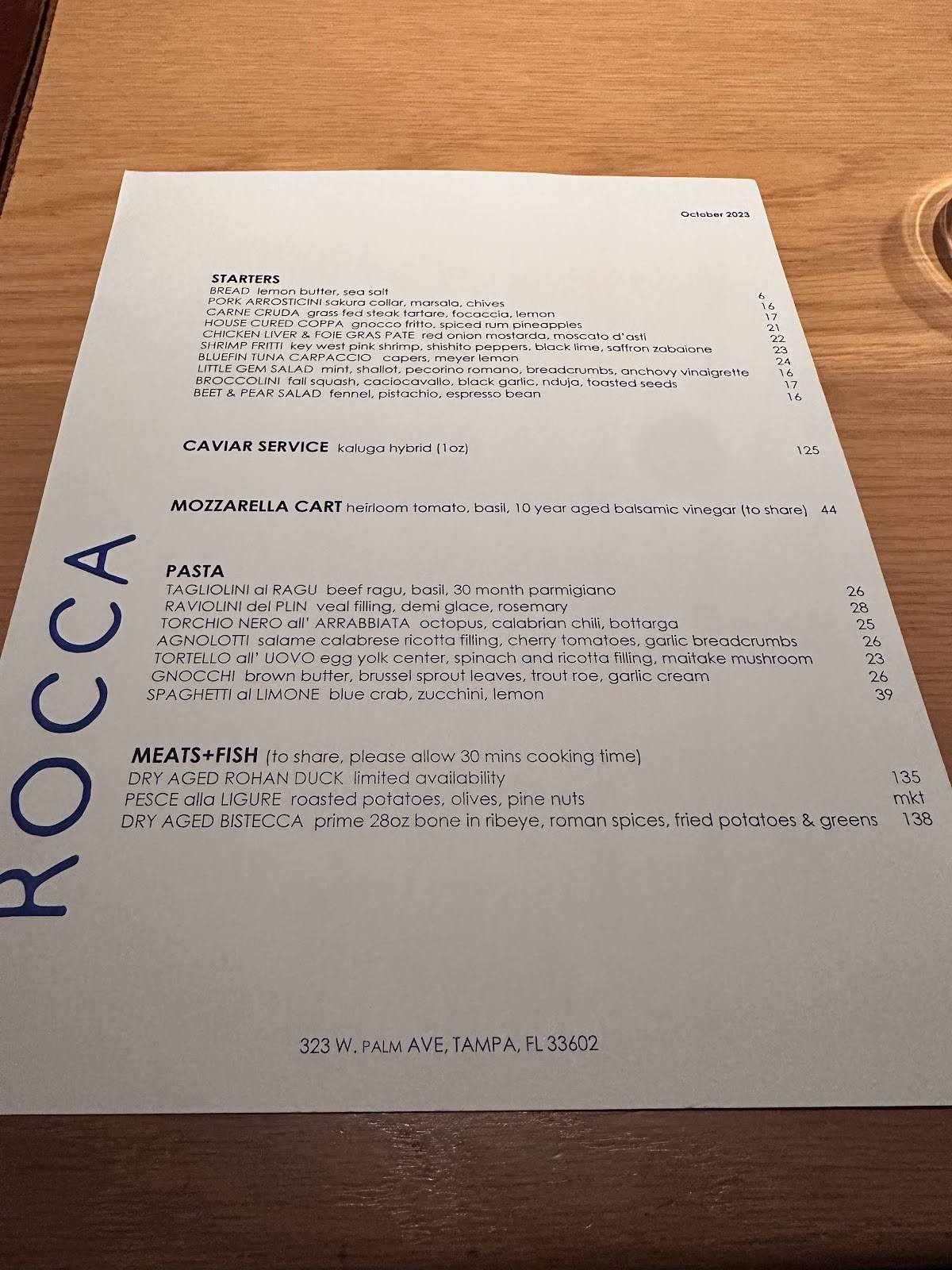 Menu at Rocca restaurant, Tampa