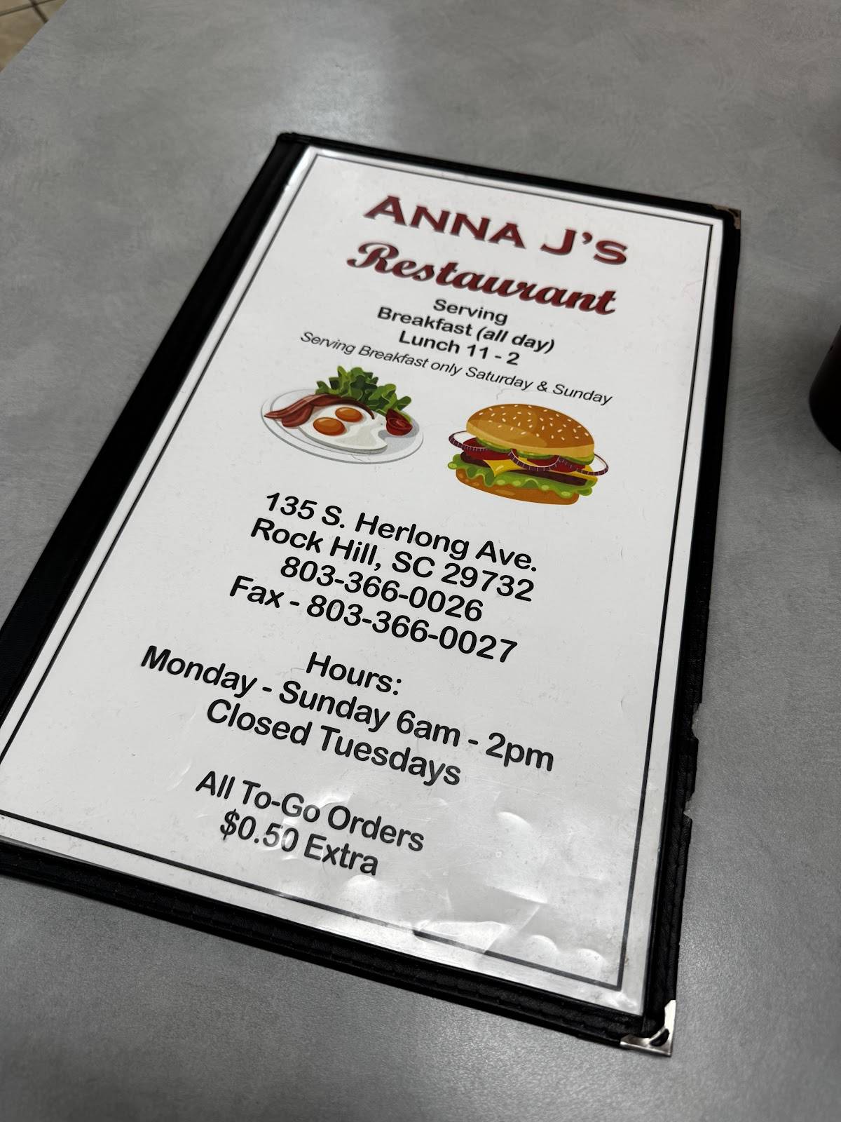 Menu at Anna J's restaurant, Rock Hill, 135 S Herlong Ave