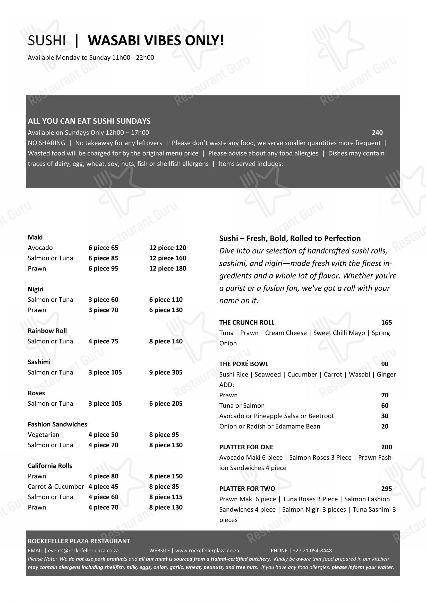 Menu at Rockefeller Hotel & Residence cafe, Cape Town