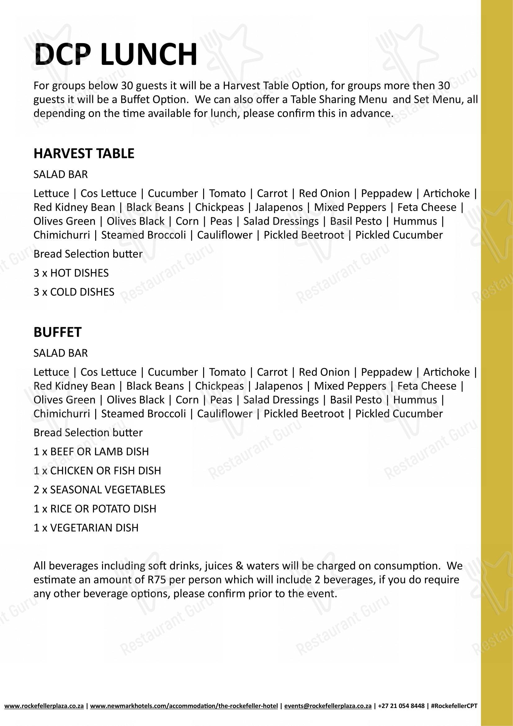 Menu at Rockefeller Hotel & Residence cafe, Cape Town