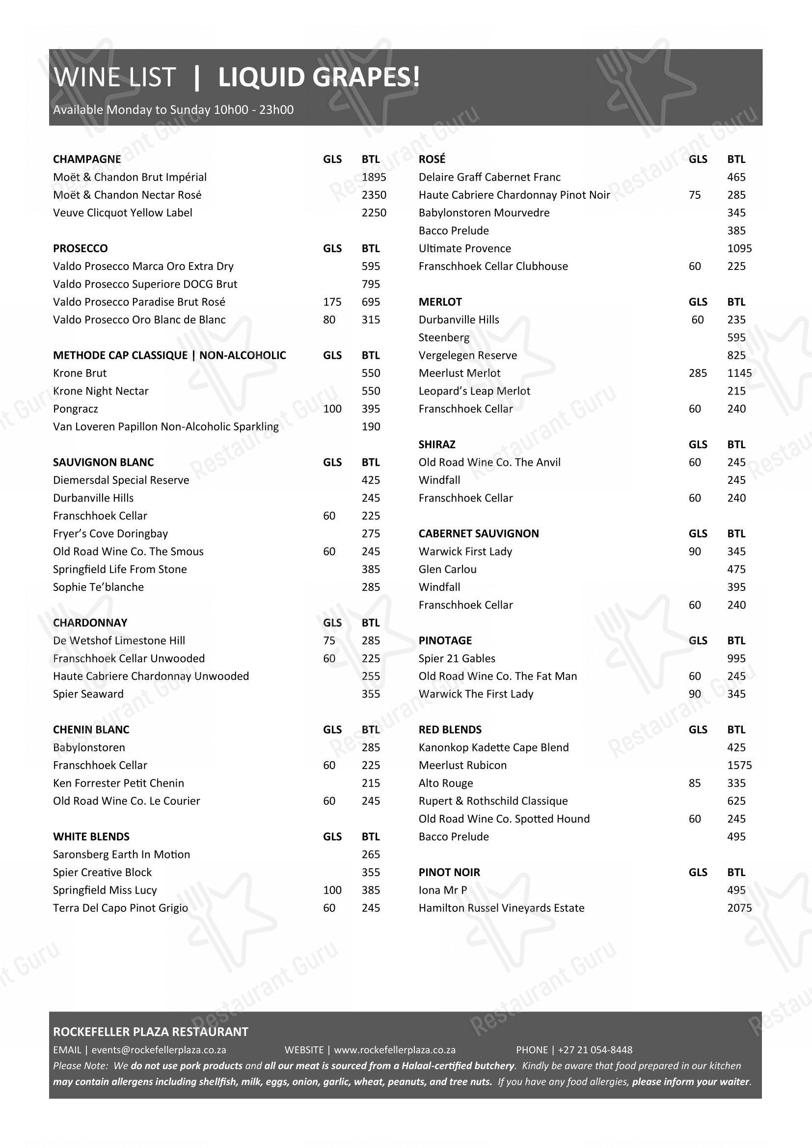 Menu at Rockefeller Hotel & Residence cafe, Cape Town