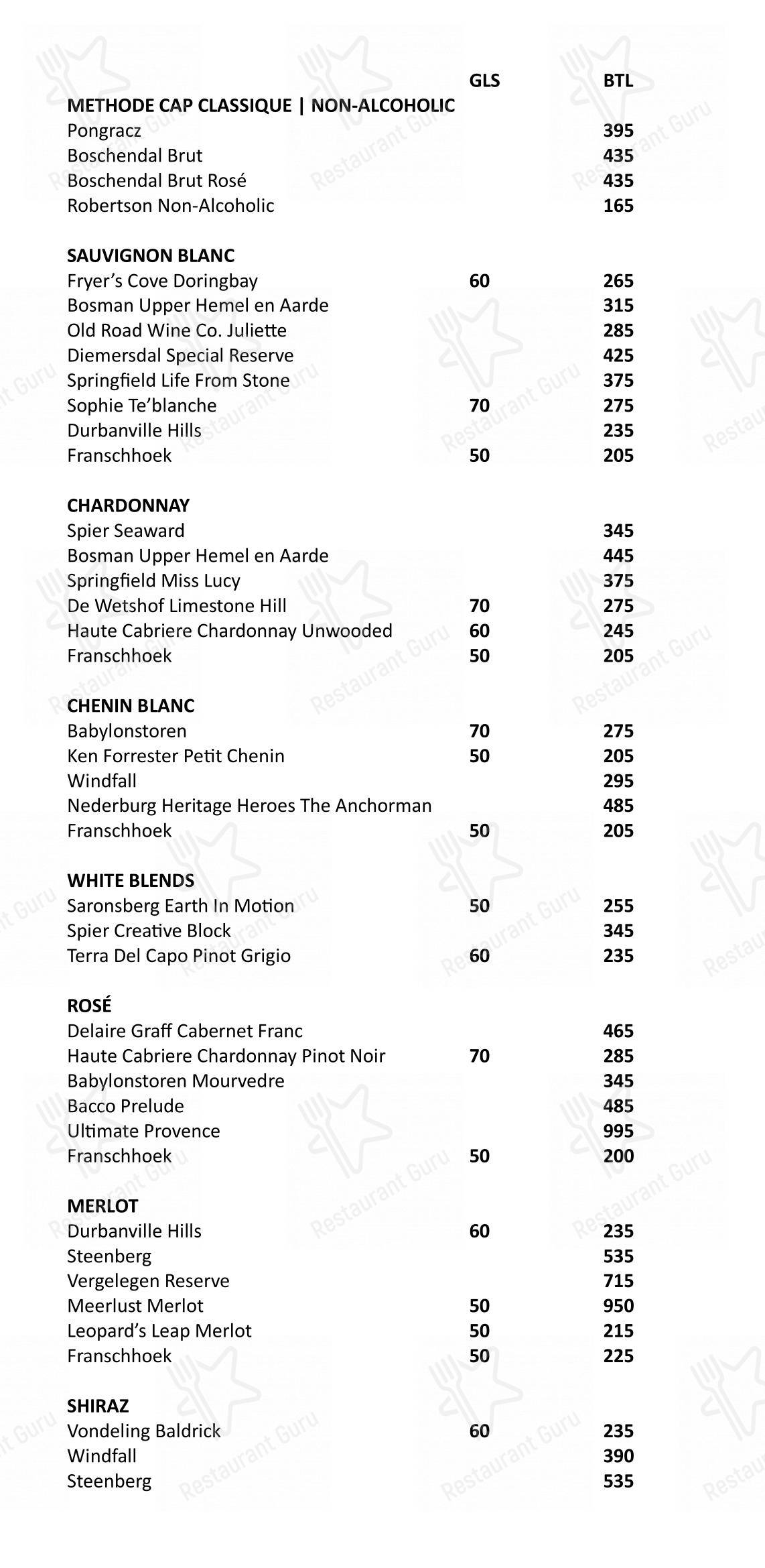 Menu at Rockefeller Hotel & Residence cafe, Cape Town