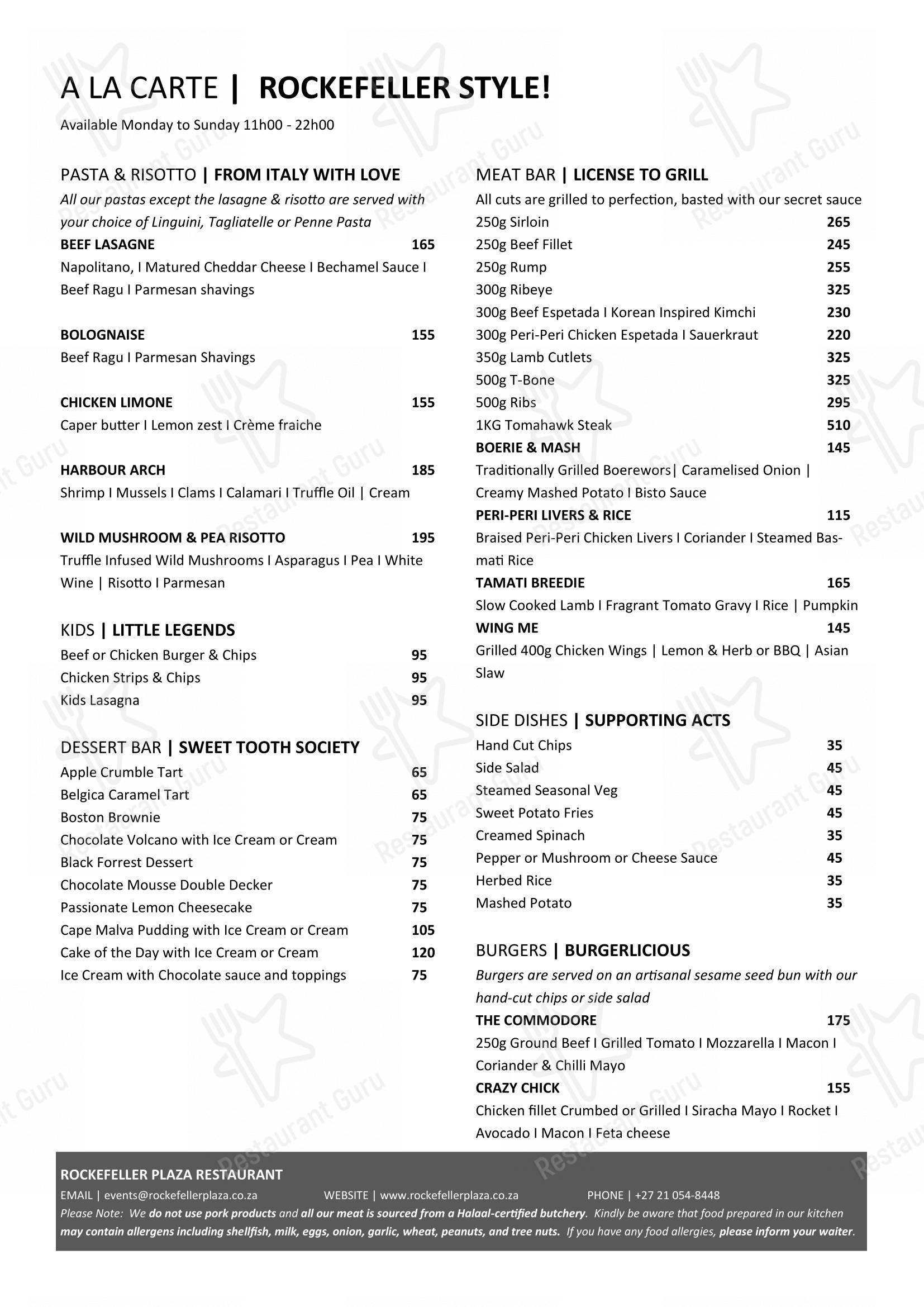 Menu at Rockefeller Hotel & Residence cafe, Cape Town