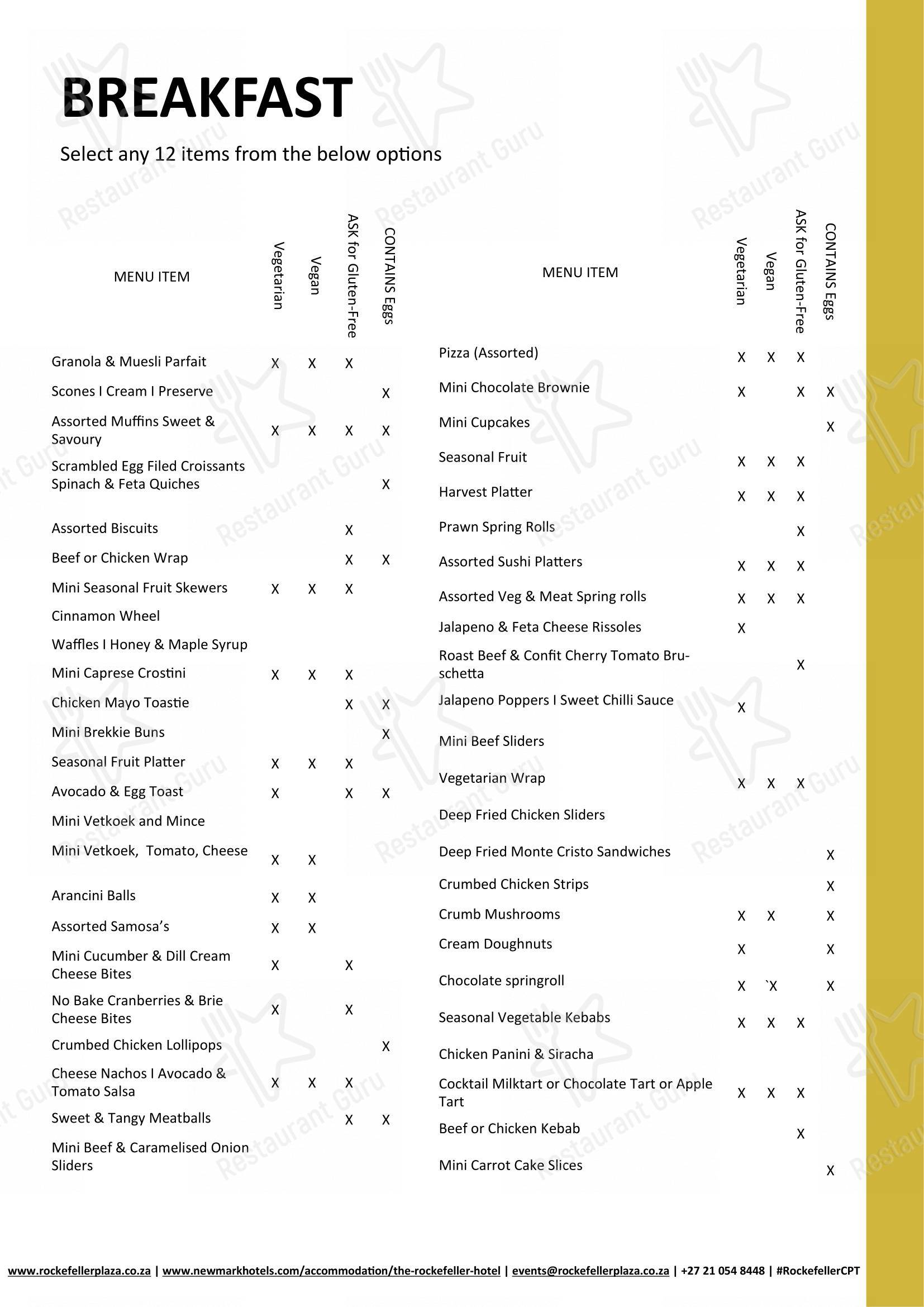 Menu at Rockefeller Hotel & Residence cafe, Cape Town
