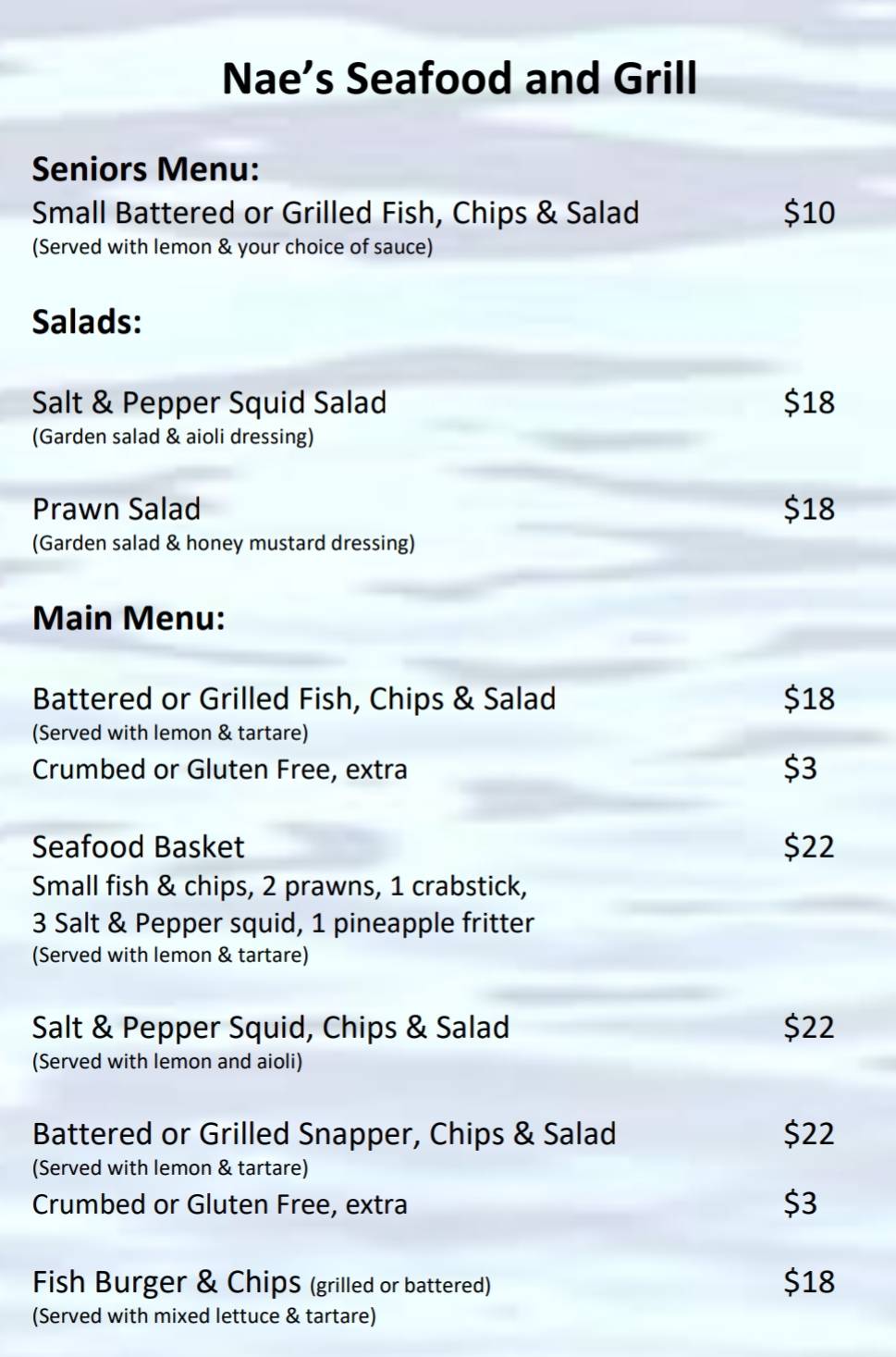 Menu at Nae’s Seafood & Grill restaurant, Rockingham