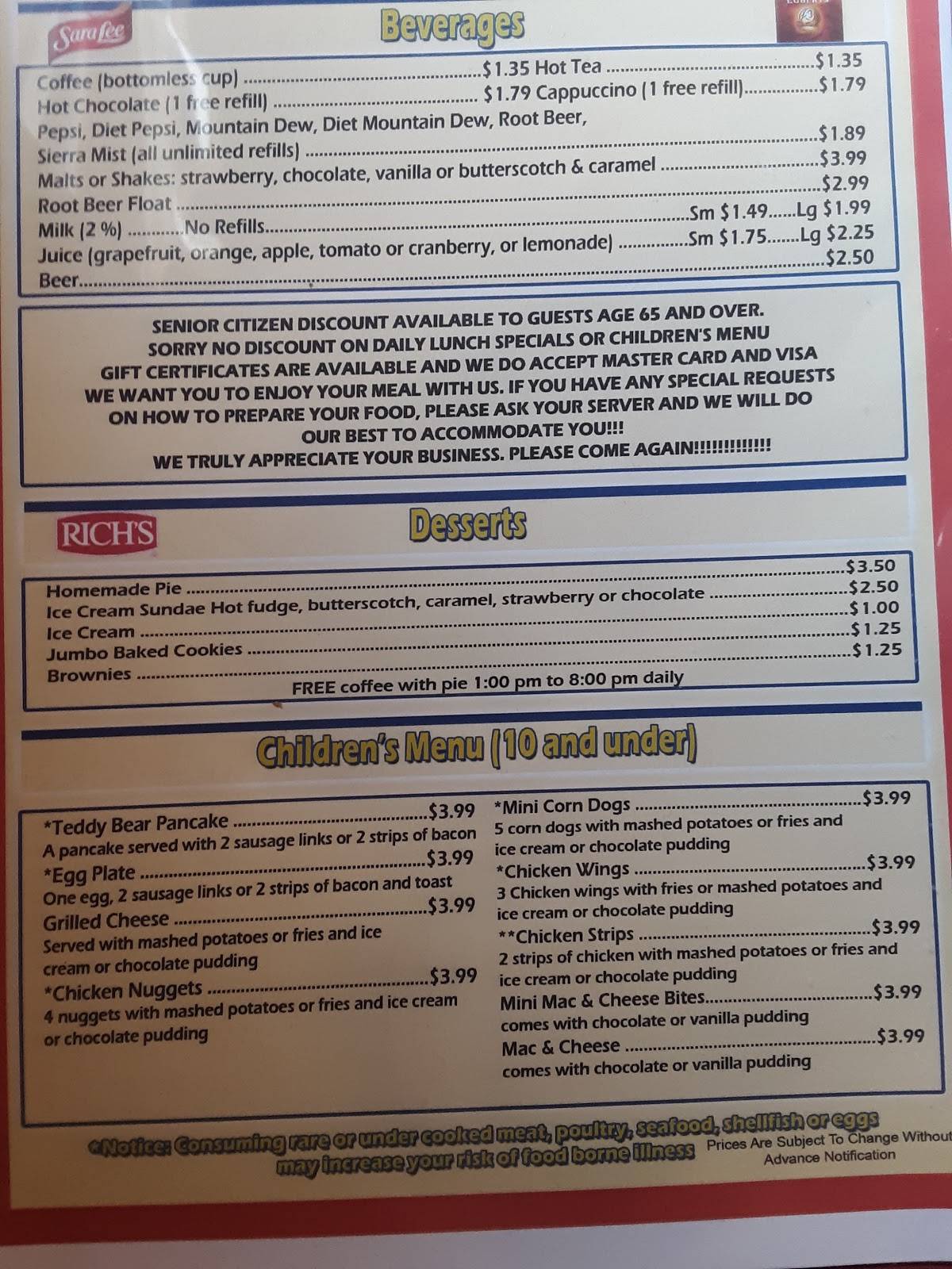 Menu at Rocky's Cozy Kitchen restaurant, Medford