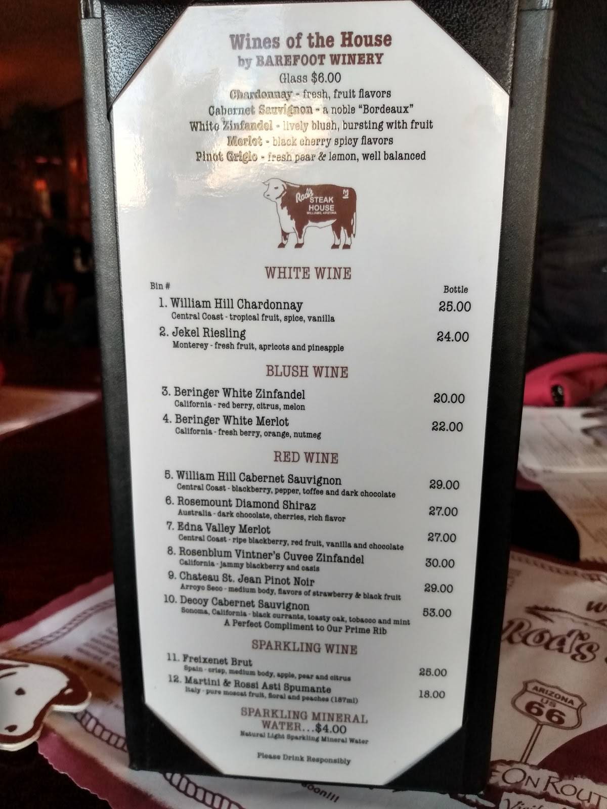 Menu at Rod's Steak House steakhouse, Williams