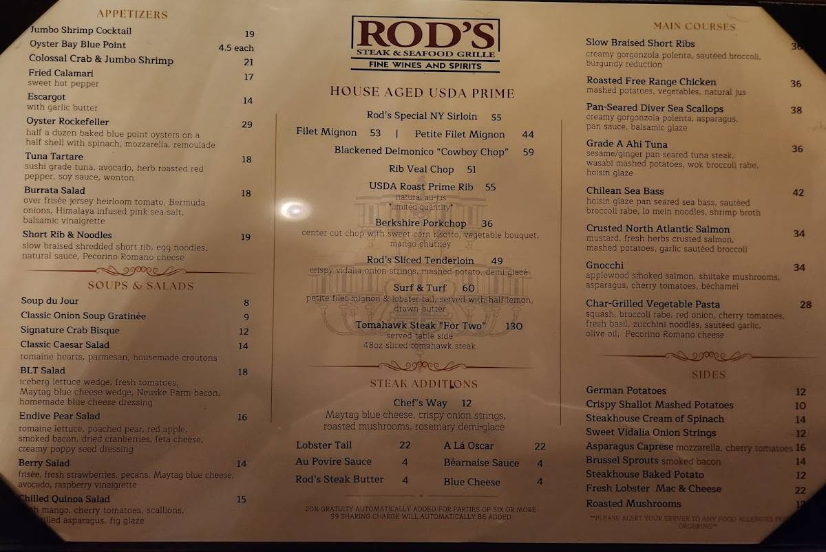 Menu at Rod's Steak & Seafood Grille steakhouse, Morristown