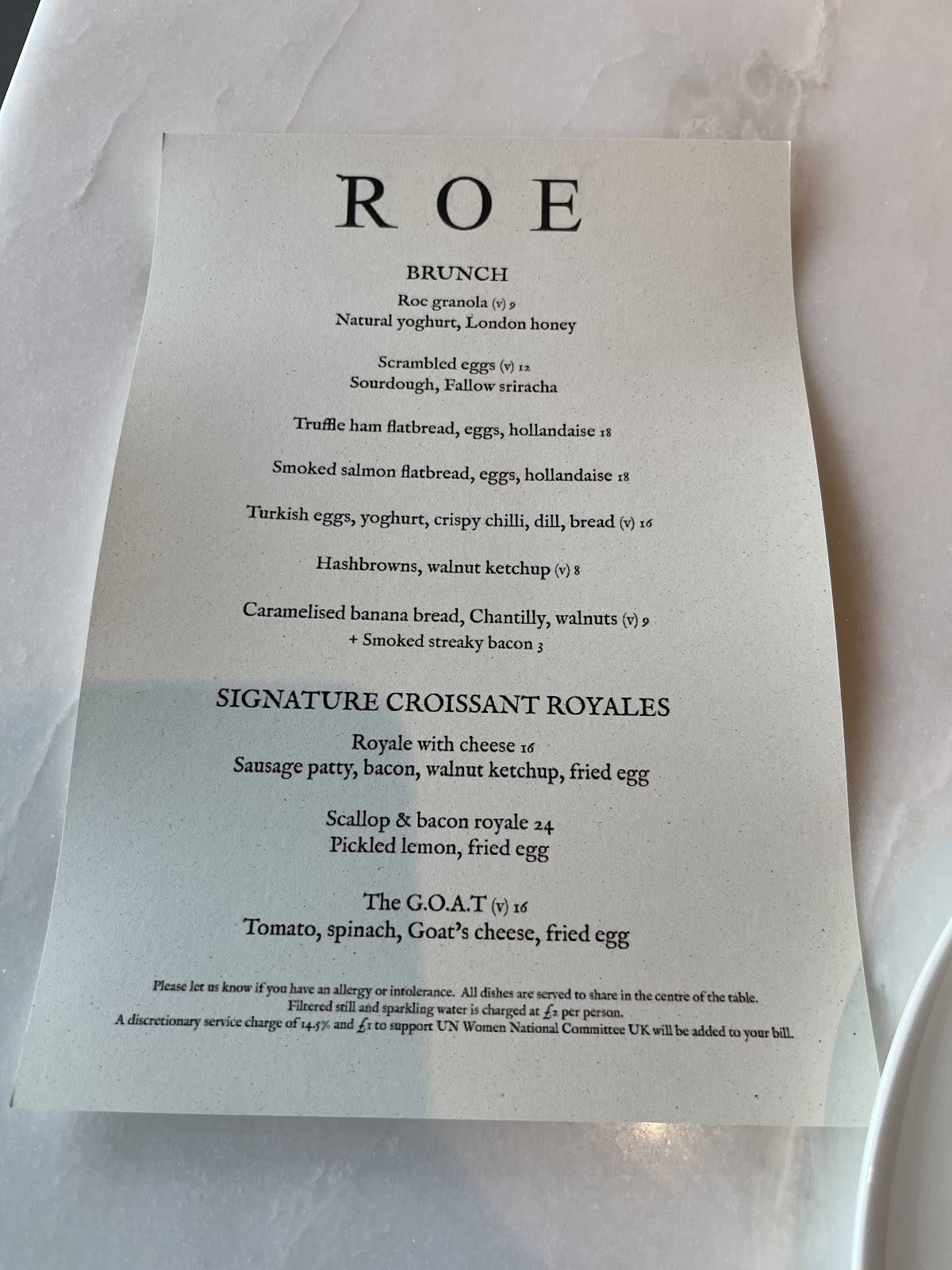 Menu at Roe - Canary Wharf restaurant, London, 5 Park Dr