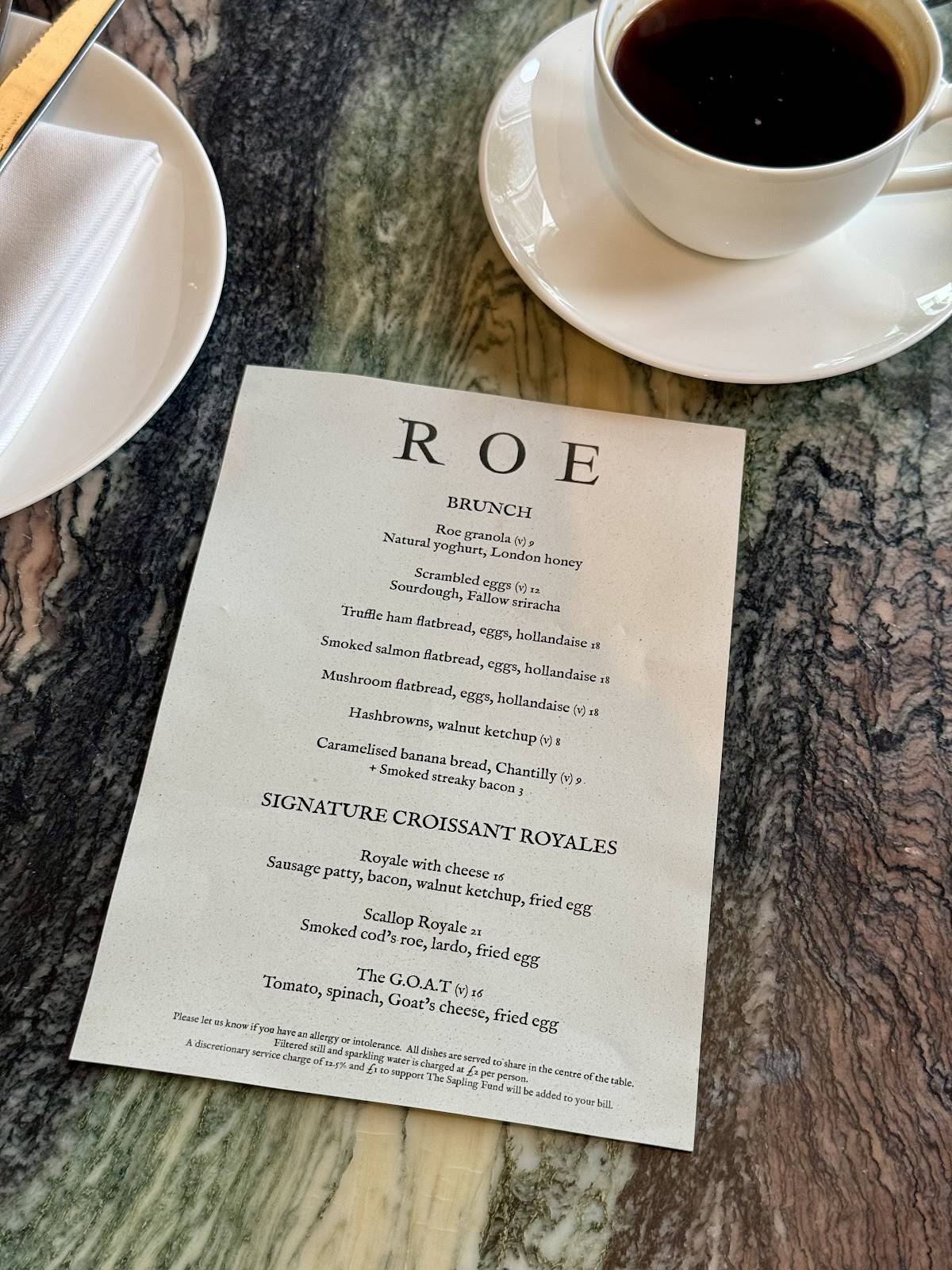 Menu at Roe restaurant, London, 5 Park Dr