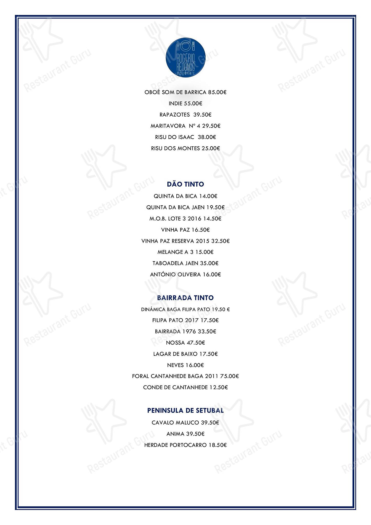 Menu at Restaurante Rogério do Redondo, Porto