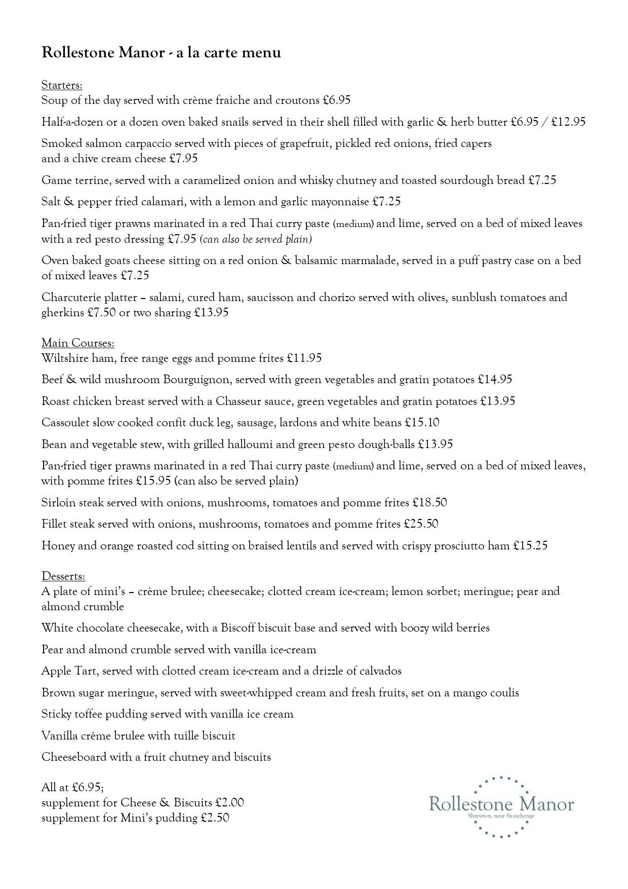 Menu at Rollestone Manor B&B, Restaurant & Cottages, Shrewton