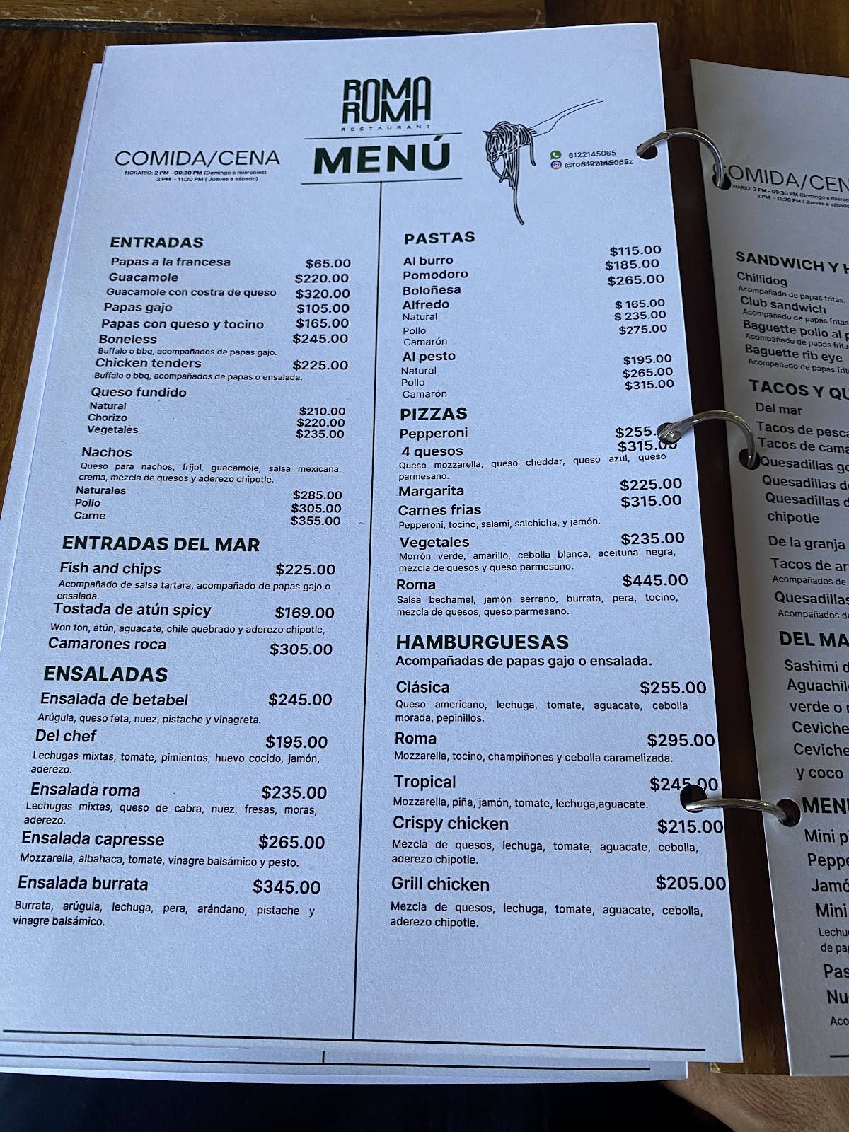 Menu at Roma Roma Restaurant, La Paz