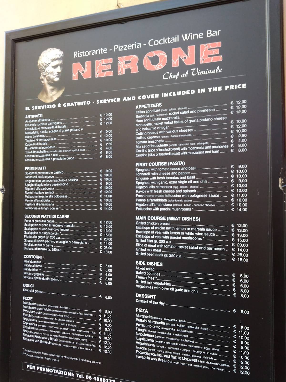Menu at Nerone pizzeria, Rome, Via del Viminale